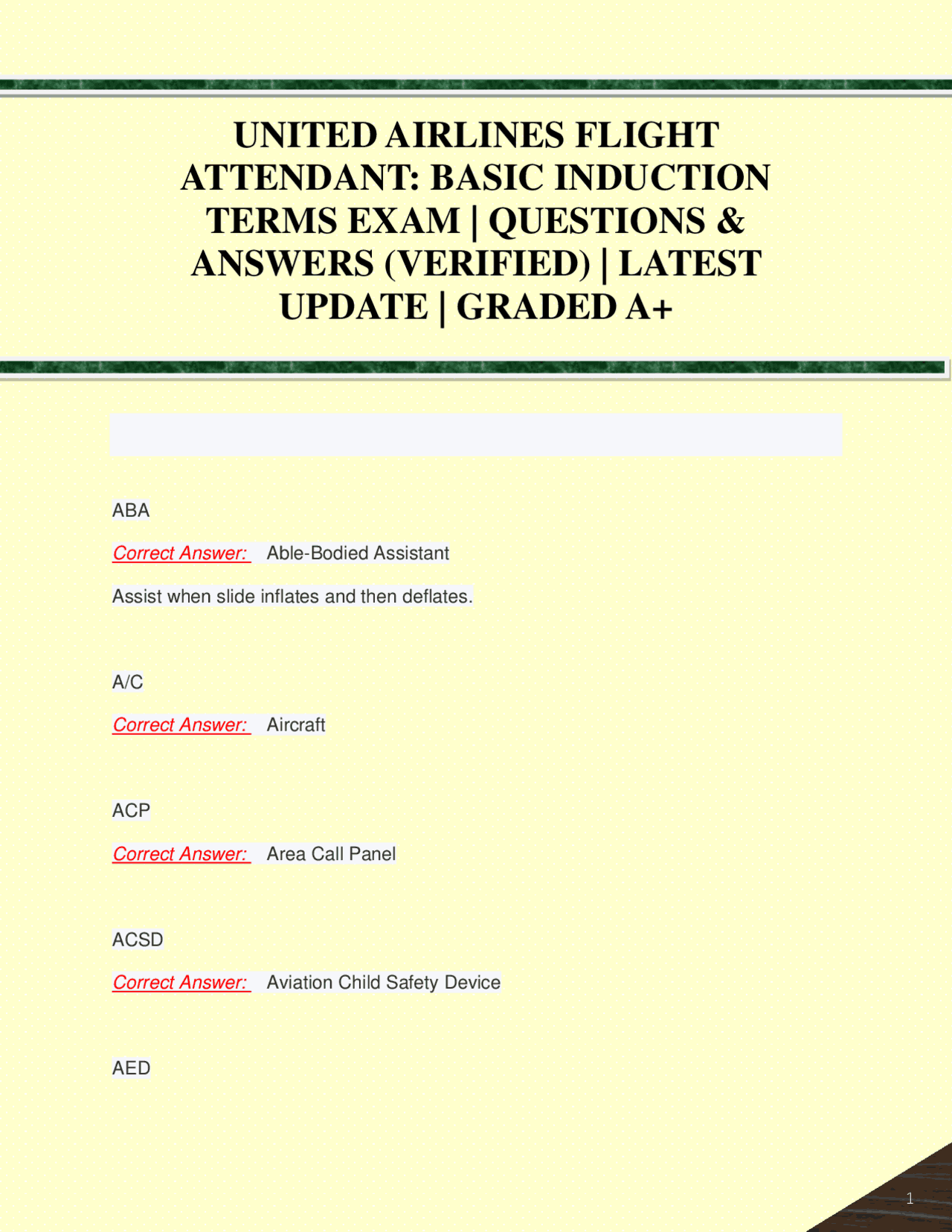 UNITED AIRLINES FLIGHT ATTENDANT: BASIC INDUCTION TERMS EXAM QUESTIONS ...