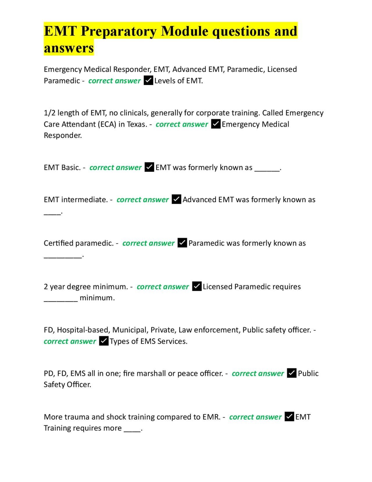 EMT Preparatory Module: Questions and Answers | Exams Nursing | Docsity