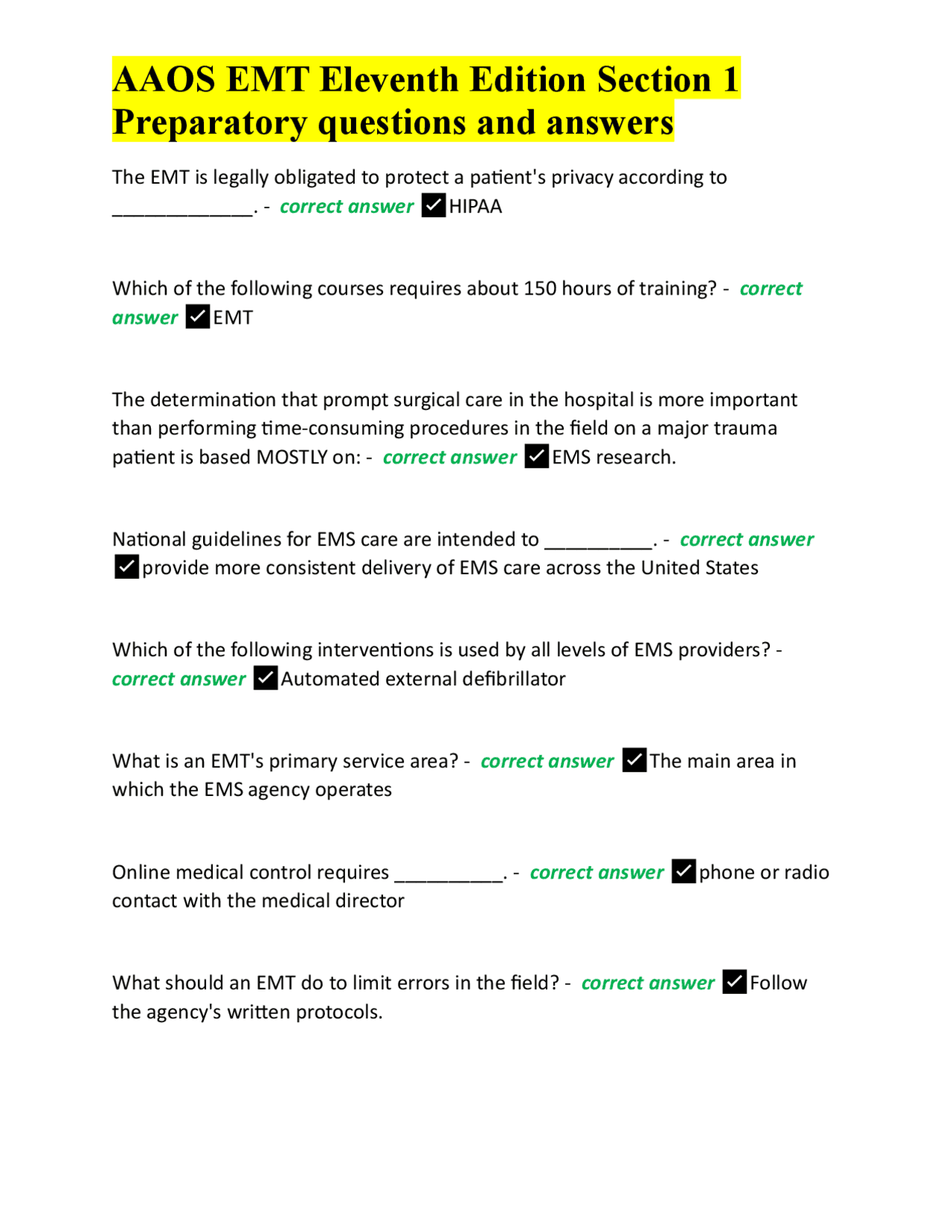 EMT Examination Preparatory Questions and Answers: AAOS Eleventh ...