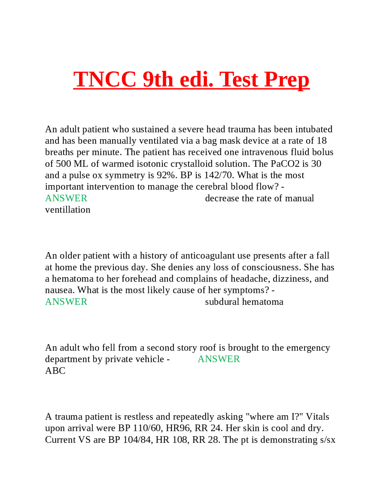 TNCC 9th EDITION Test Prep | Exams Nursing | Docsity
