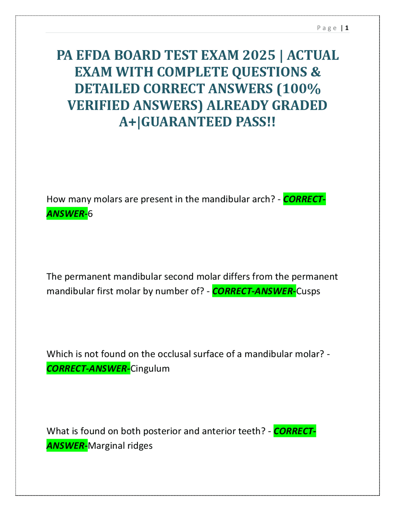 PA EFDA BOARD TEST EXAM 2025 | ACTUAL EXAM WITH COMPLETE QUESTIONS ...