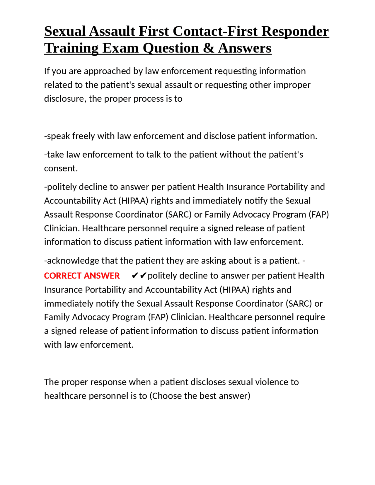 Sexual Assault First Contact-First Responder Training Exam Question ...