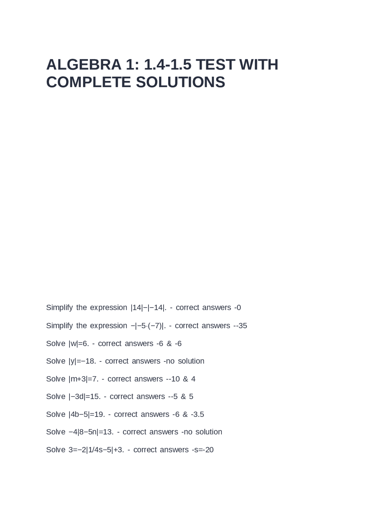Algebra 1- 1.4-1.5 Test with complete solutions | Exams Advanced ...