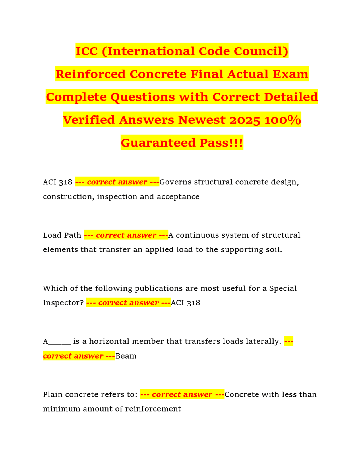 ICC (International Code Council) Reinforced Concrete Final Actual Exam Complete Questions ...