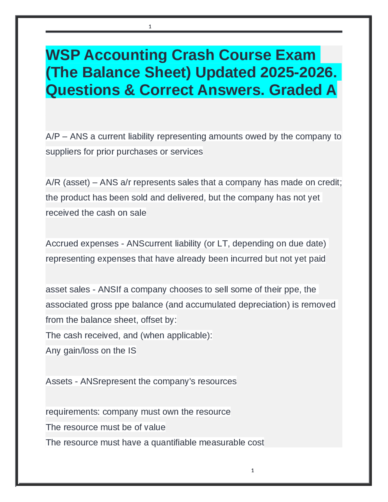 WSP Accounting Crash Course Exam (The Balance Sheet) Updated 2025-2026 ...