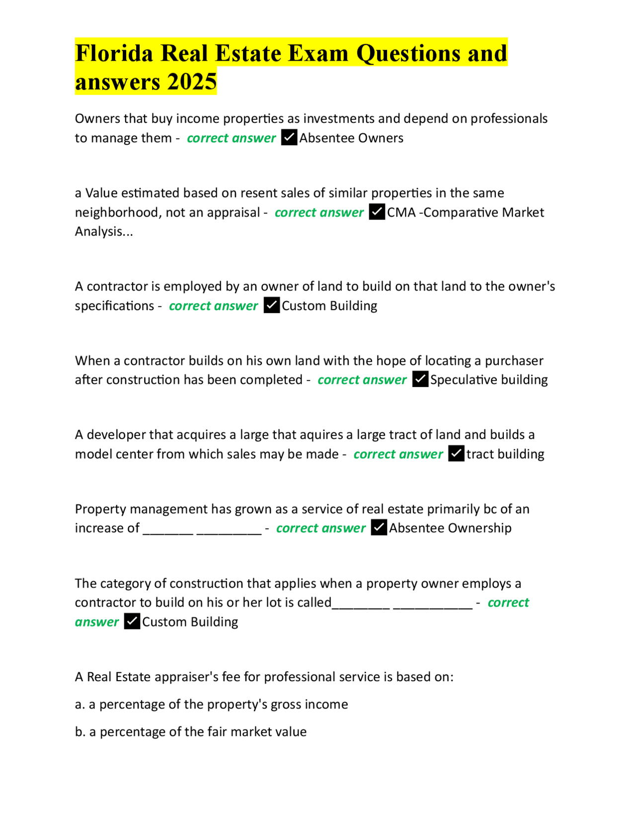 Florida Real Estate Exam Questions and Answers 2025: A Comprehensive ...