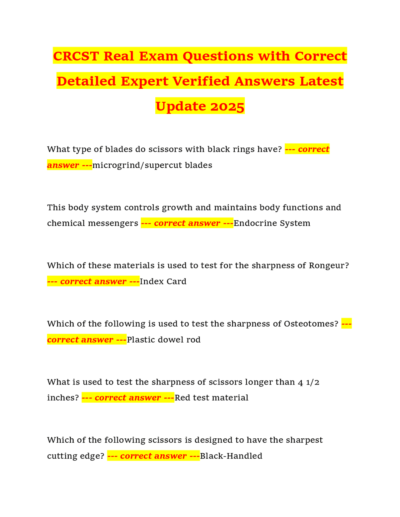 CRCST Real Exam Questions with Correct Detailed Expert Verified Answers ...