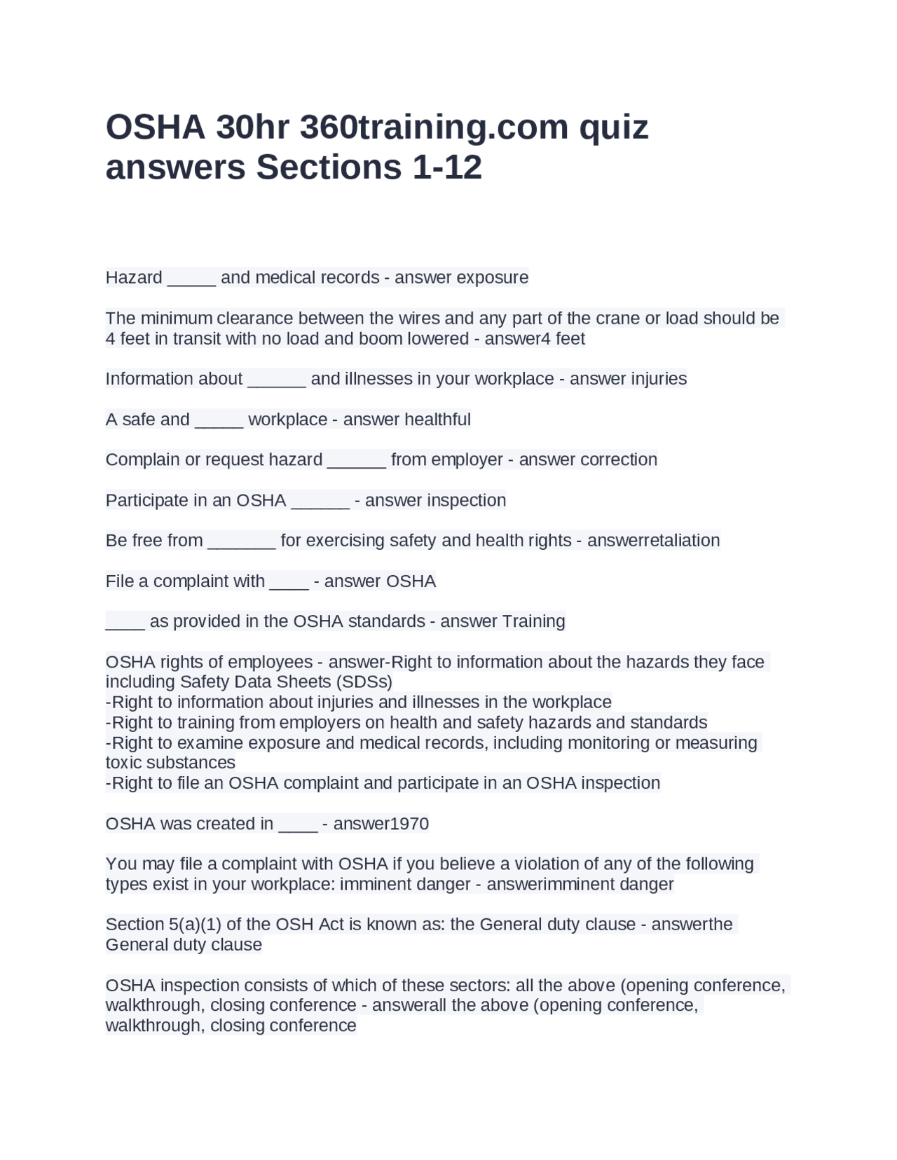 OSHA 30hr 360training.com quiz answers Sections 1-12 Questions with ...