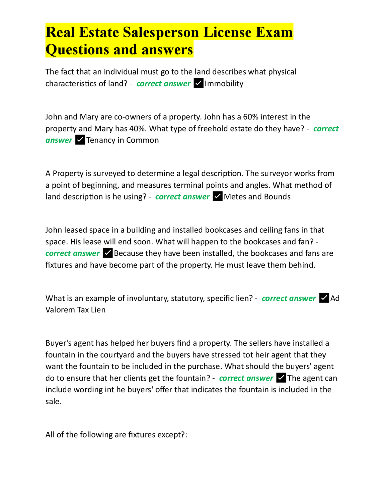 Real Estate Salesperson License Exam Questions and answers. | Exams ...