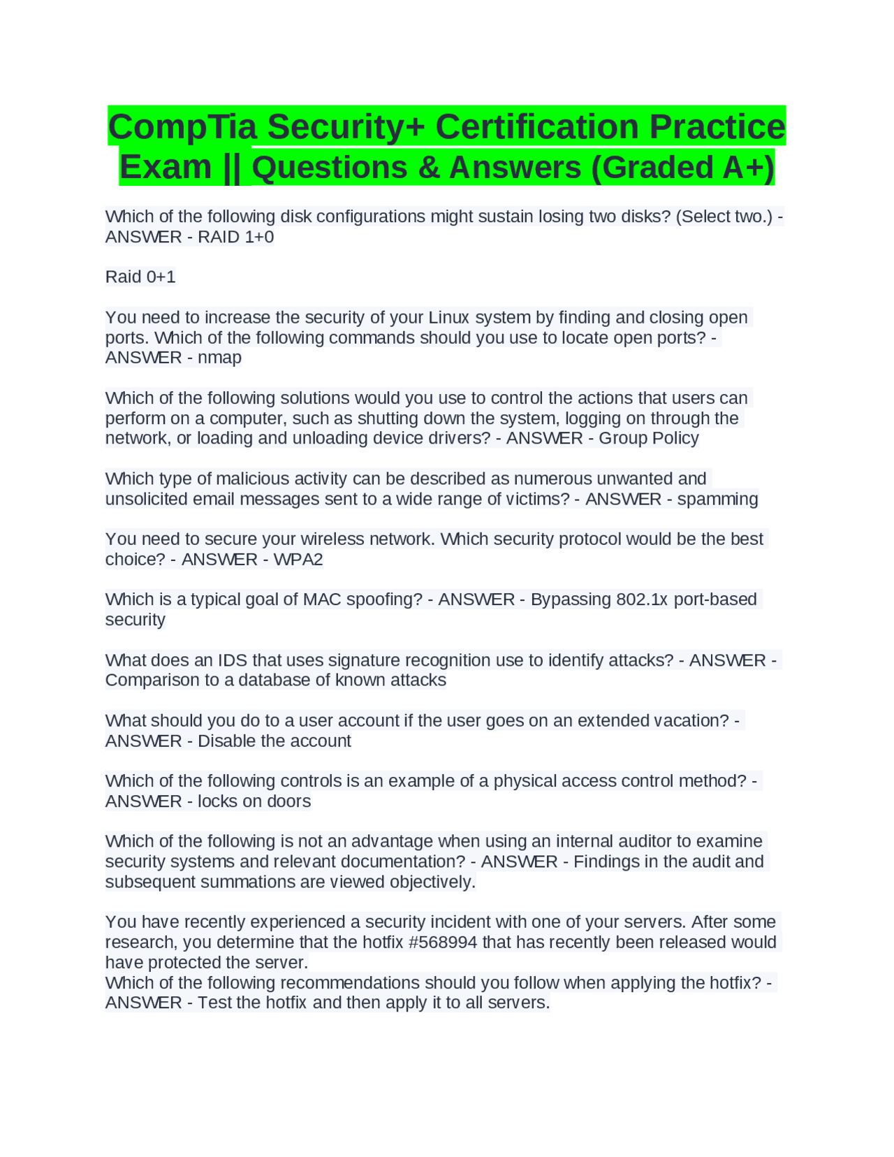 CompTIA Security+ Certification Practice Exam Questions and Answers | Exams Computer Security ...