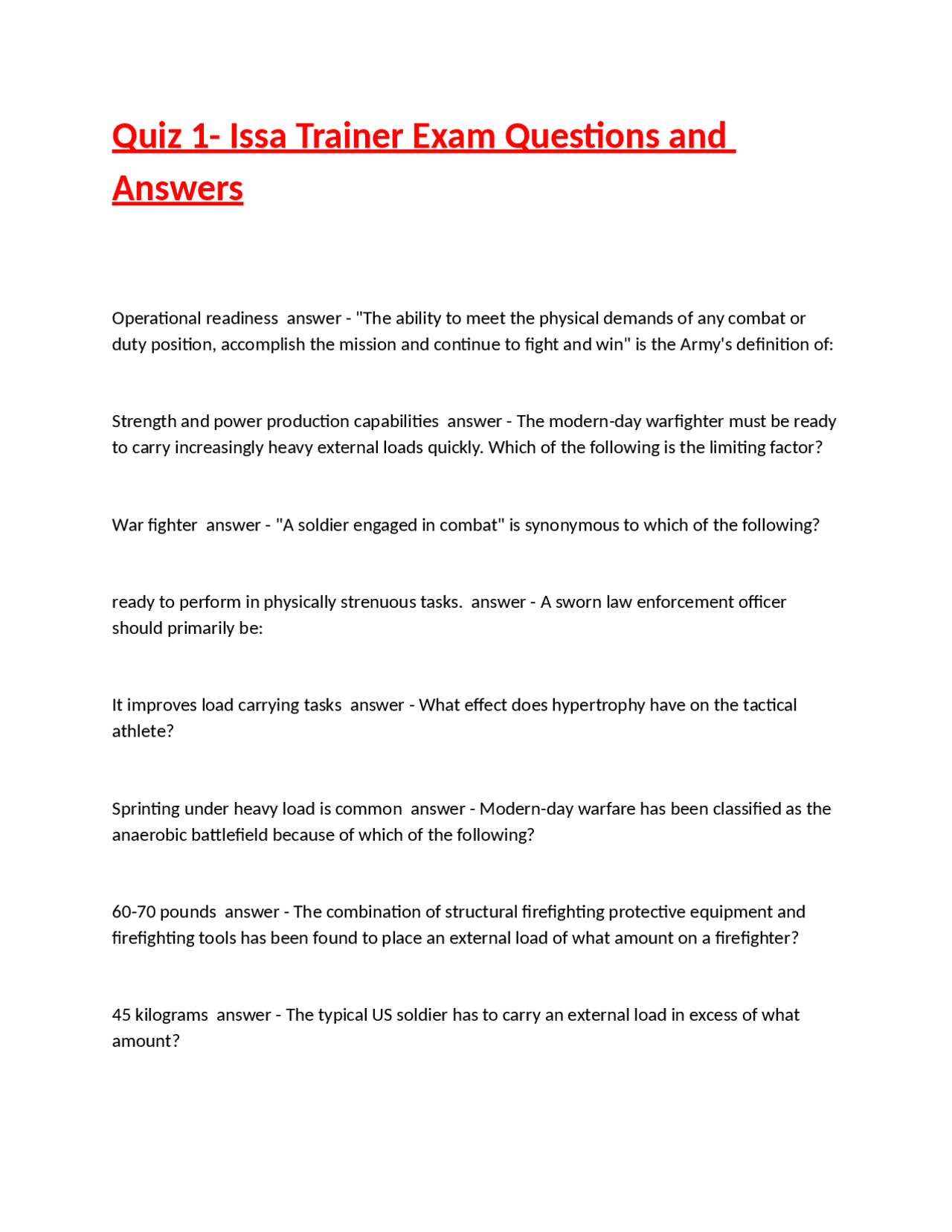 Quiz 1- Issa Trainer Exam Questions and Answers | Exams Nursing | Docsity