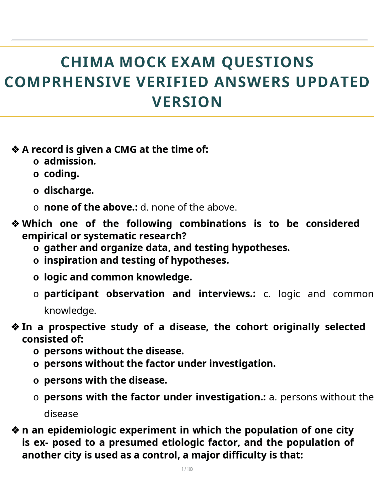 CHIMA MOCK EXAM QUESTIONS COMPRHENSIVE VERIFIED ANSWERS UPDATED VERSION ...