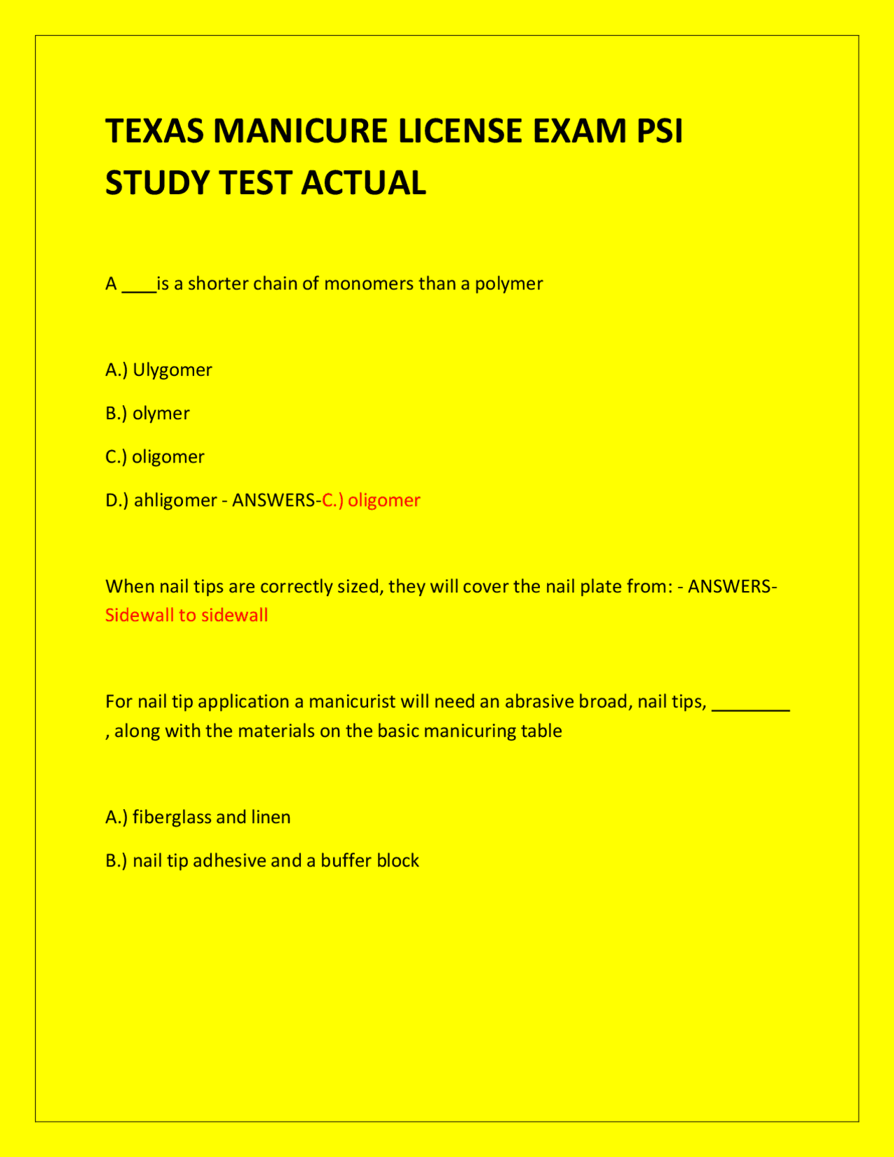 TEXAS MANICURE LICENSE EXAM PSI STUDY TEST ACTUAL QUESTIONS AND ANSWERS ...