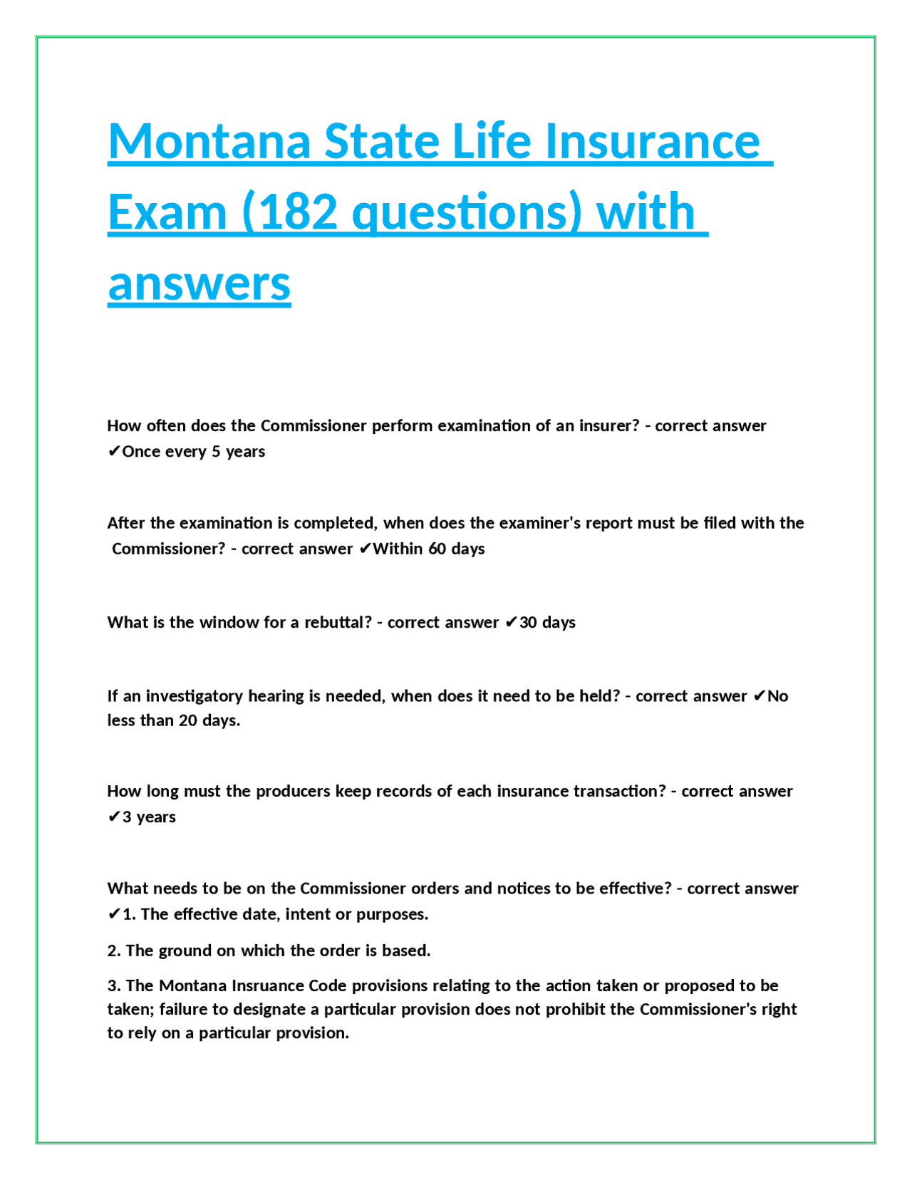 Montana State Life Insurance Exam Questions and Answers | Exams ...
