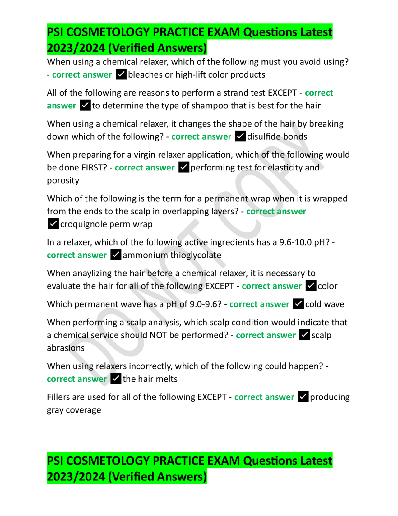 PSI COSMETOLOGY PRACTICE EXAM Questions Latest 2023 (Verified Answers ...