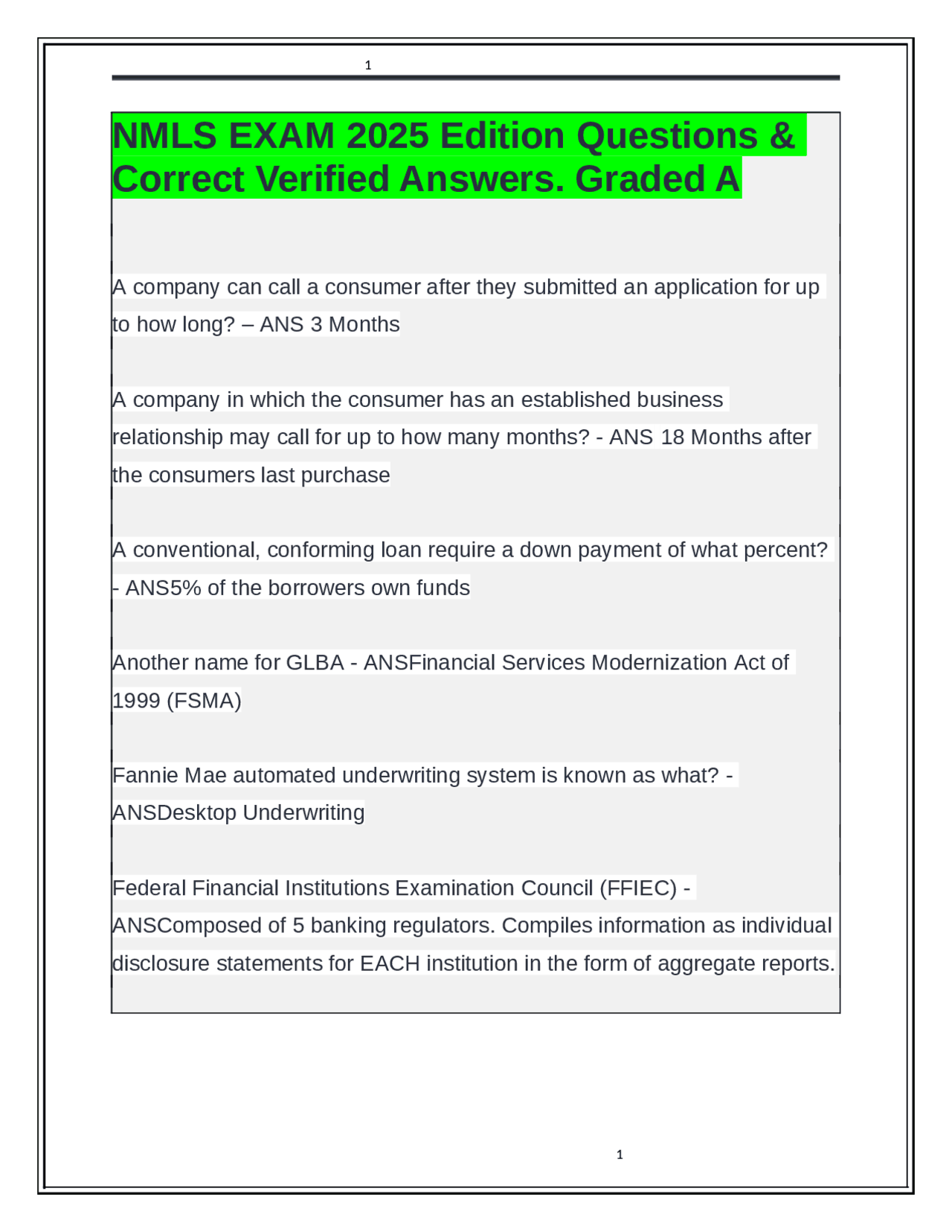 NMLS EXAM 2025 Edition Questions & Correct Verified Answers. Graded A ...