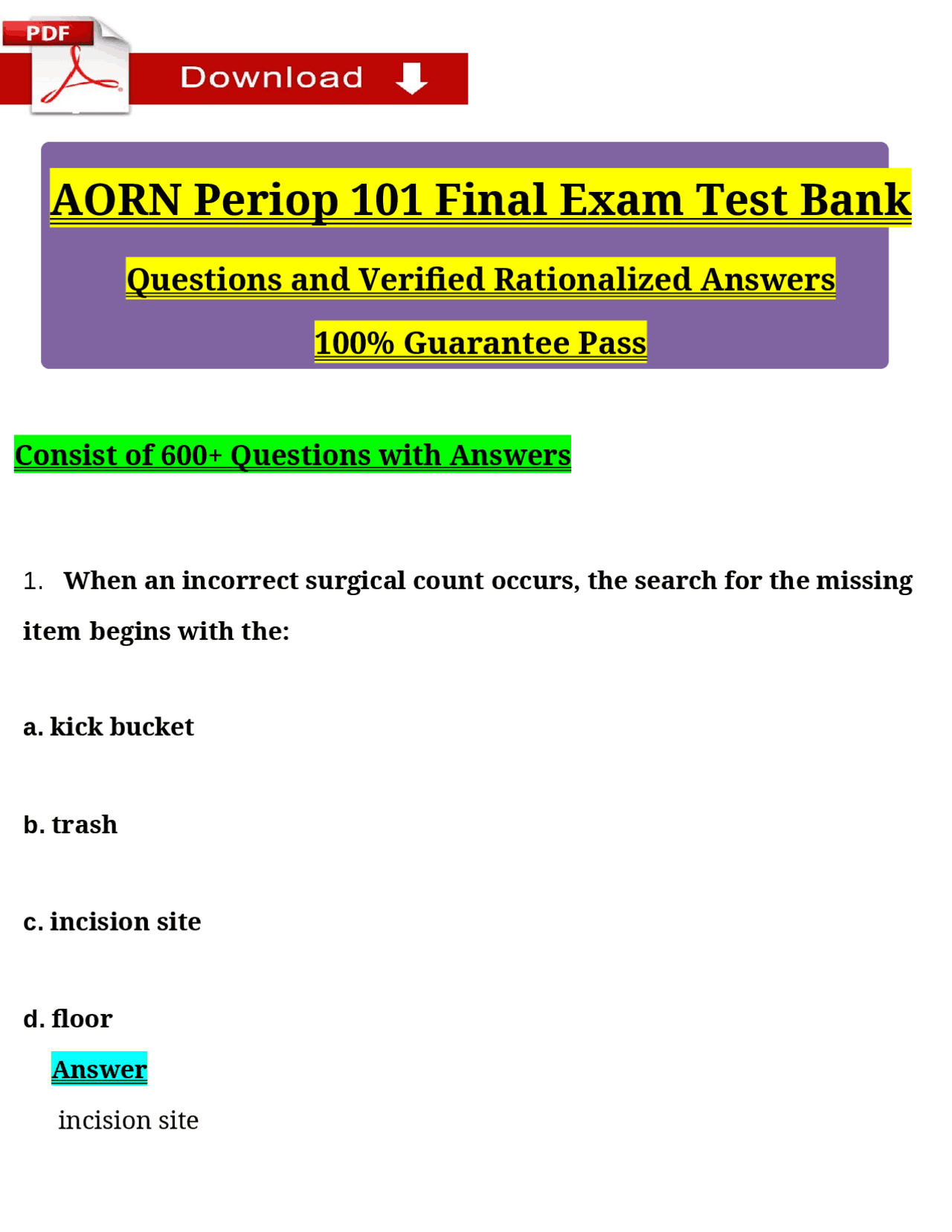 AORN Periop 101 Final Exam Test Bank tested questions (latest 2025 / ...