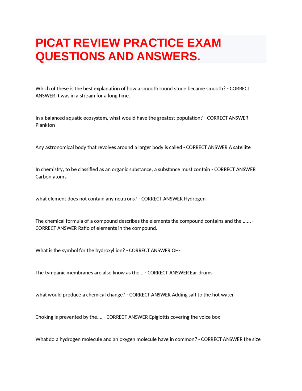 PICAT Review Practice Exam: Questions and Answers | Exams Nursing | Docsity