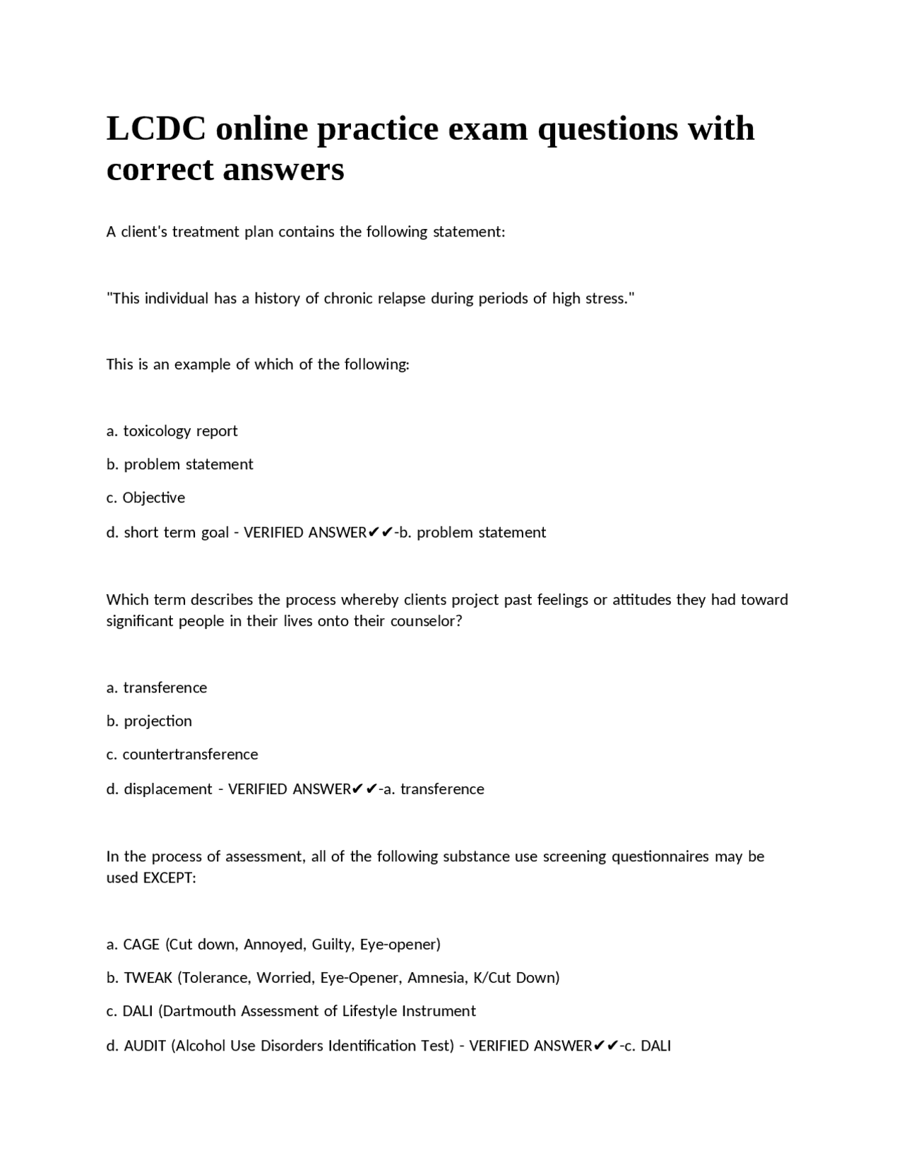 LCDC online practice exam questions with correct answers. | Exams ...