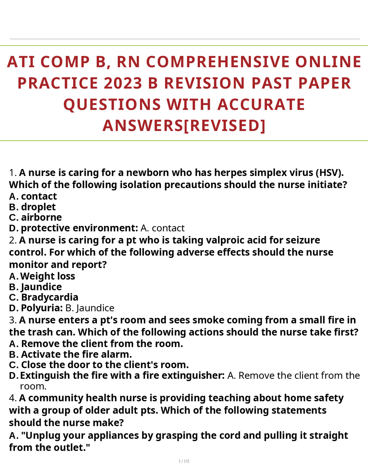 ATI COMP B, RN COMPREHENSIVE ONLINE PRACTICE 2023 B REVISION PAST PAPER QUESTIONS WITH ACC ...