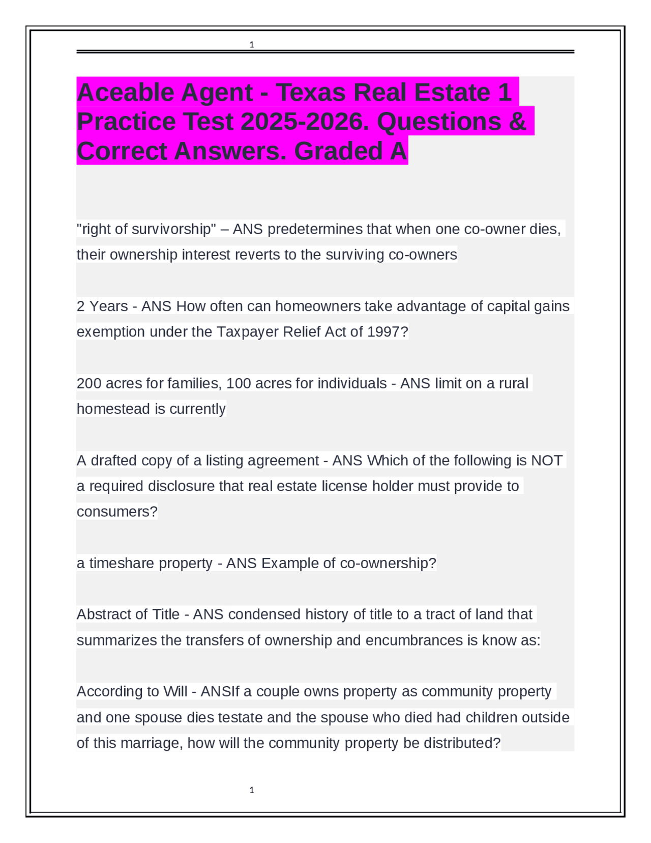 Aceable Agent - Texas Real Estate 1 Practice Test 2025-2026. Questions ...