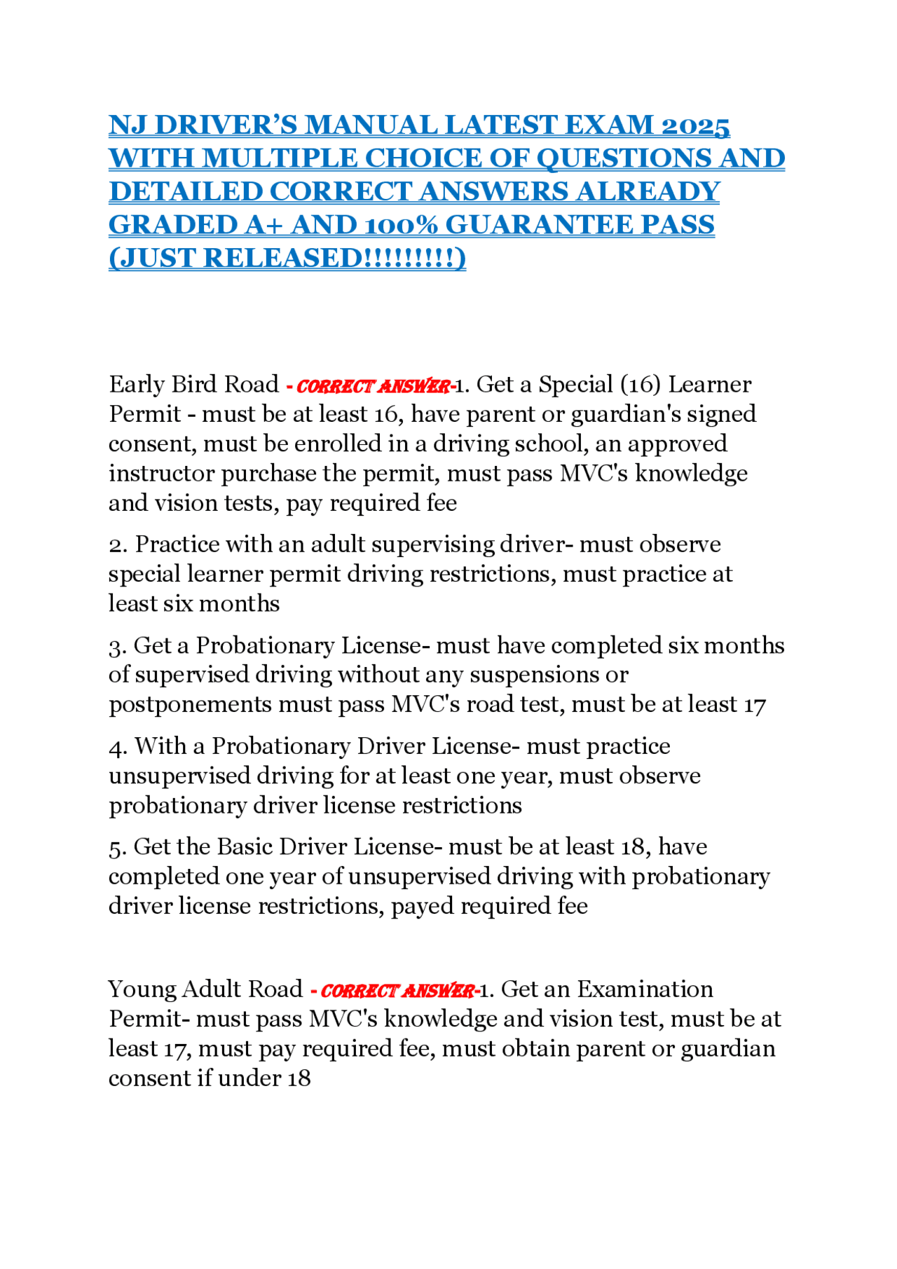 NJ DRIVER’S MANUAL LATEST EXAM 2025 WITH MULTIPLE CHOICE OF QUESTIONS ...