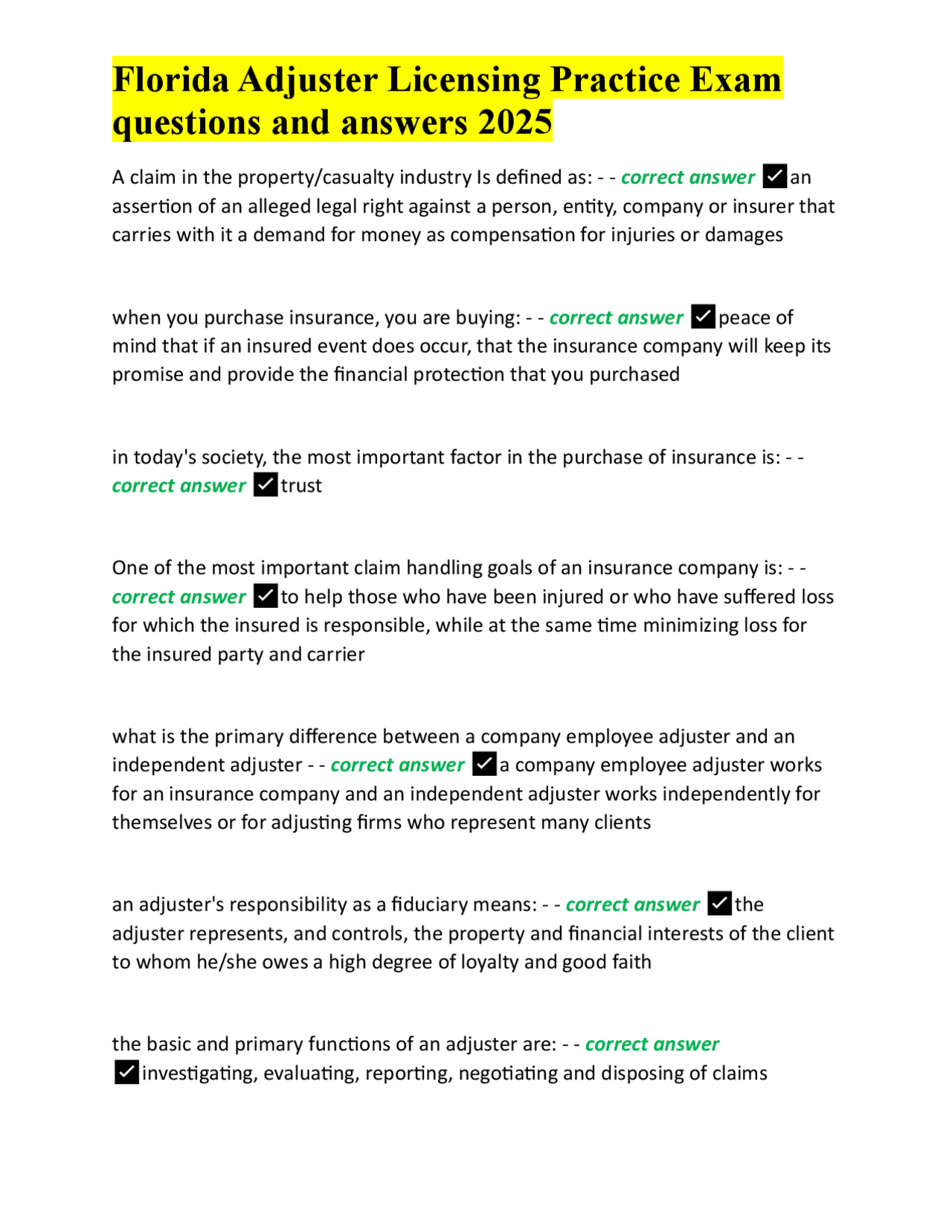 Florida Adjuster Licensing Practice Exam: Questions and Answers 2025 ...