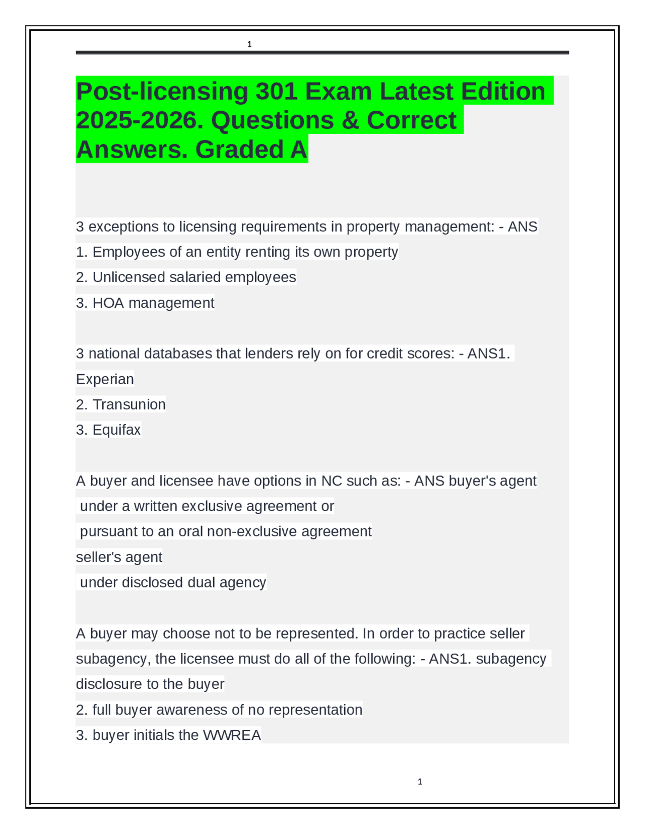 Post-licensing 301 Exam Latest Edition 2025-2026. Questions & Correct ...