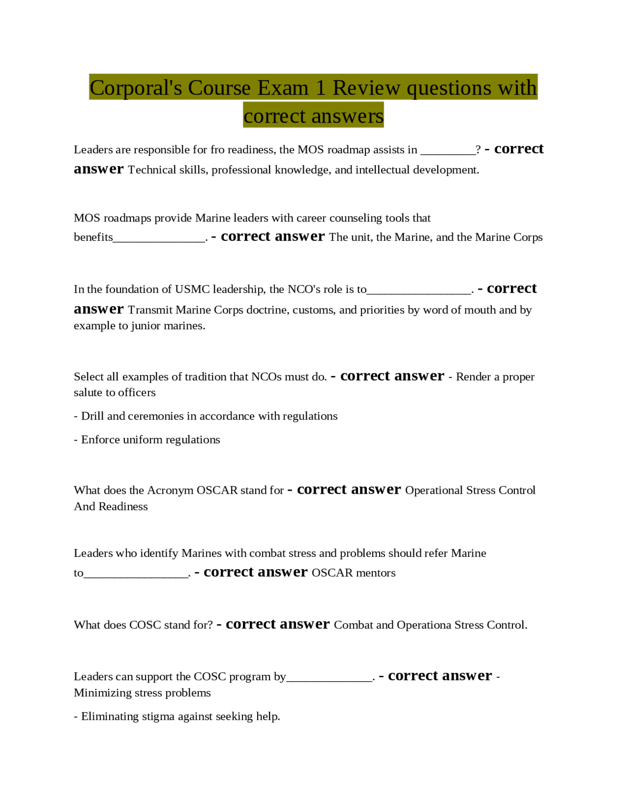 Corporal's Course Exam 1 Review questions with correct answers | Exams ...