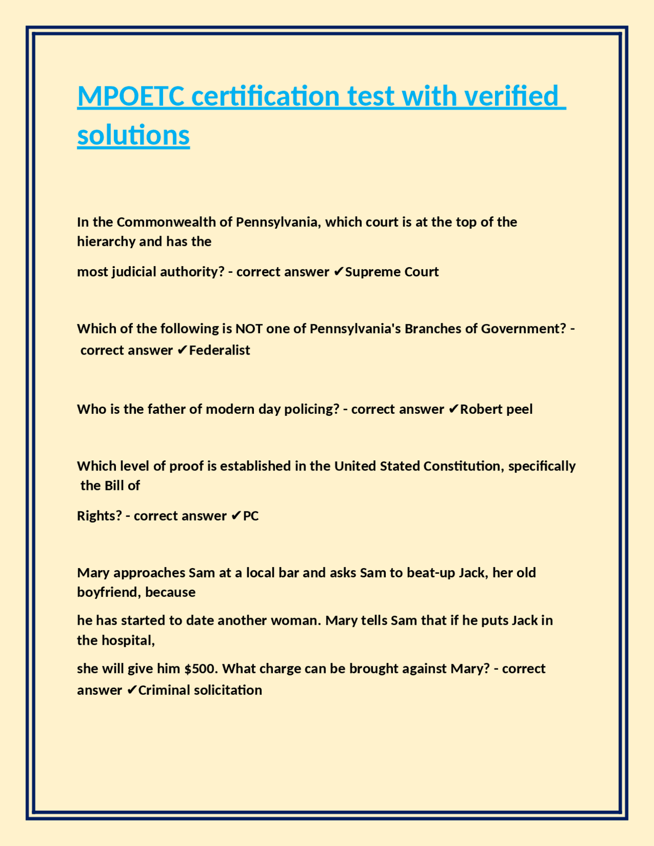 MPOETC Certification Test Questions and Answers: Pennsylvania Law ...