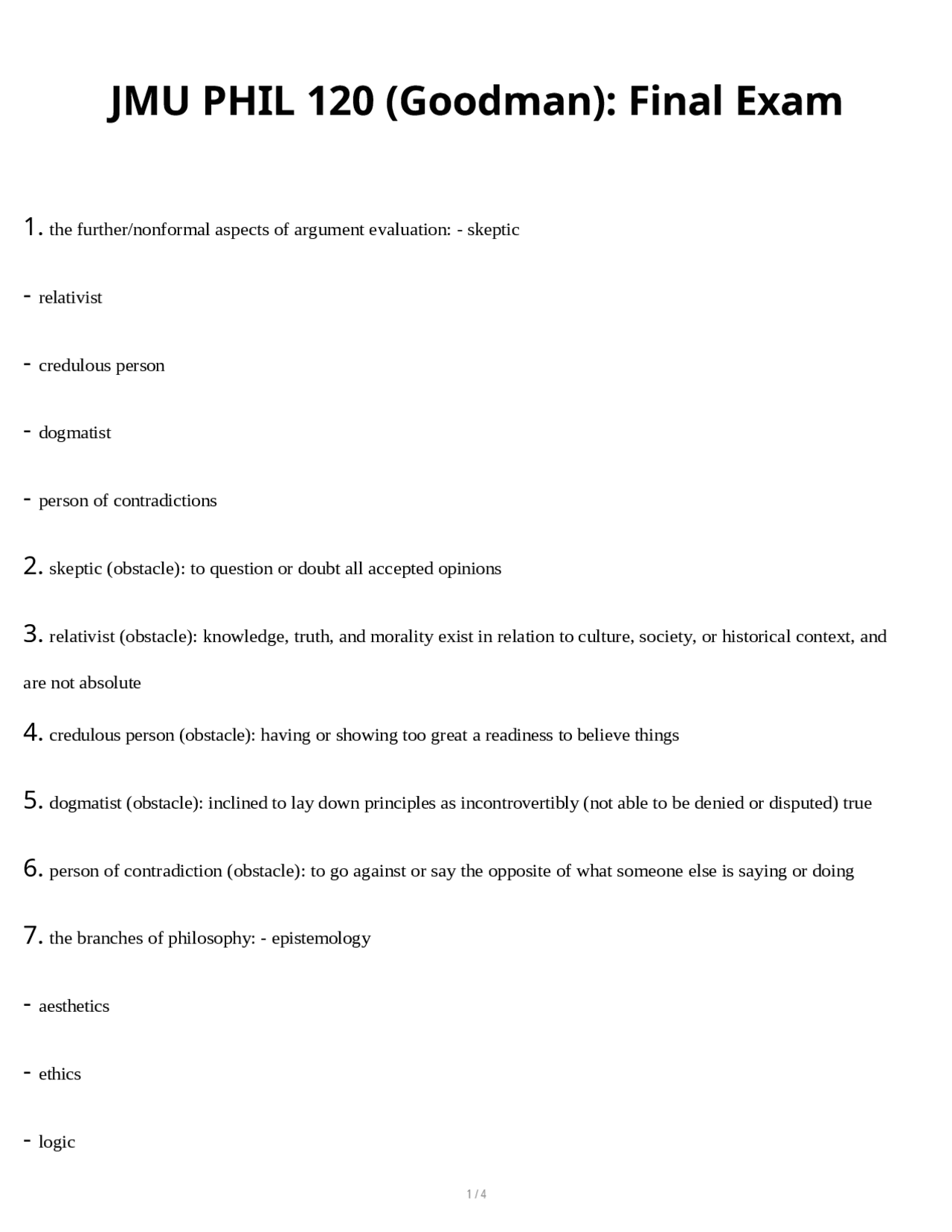 JMU PHIL 120 (Goodman): Final Exam | Exams Philosophy | Docsity