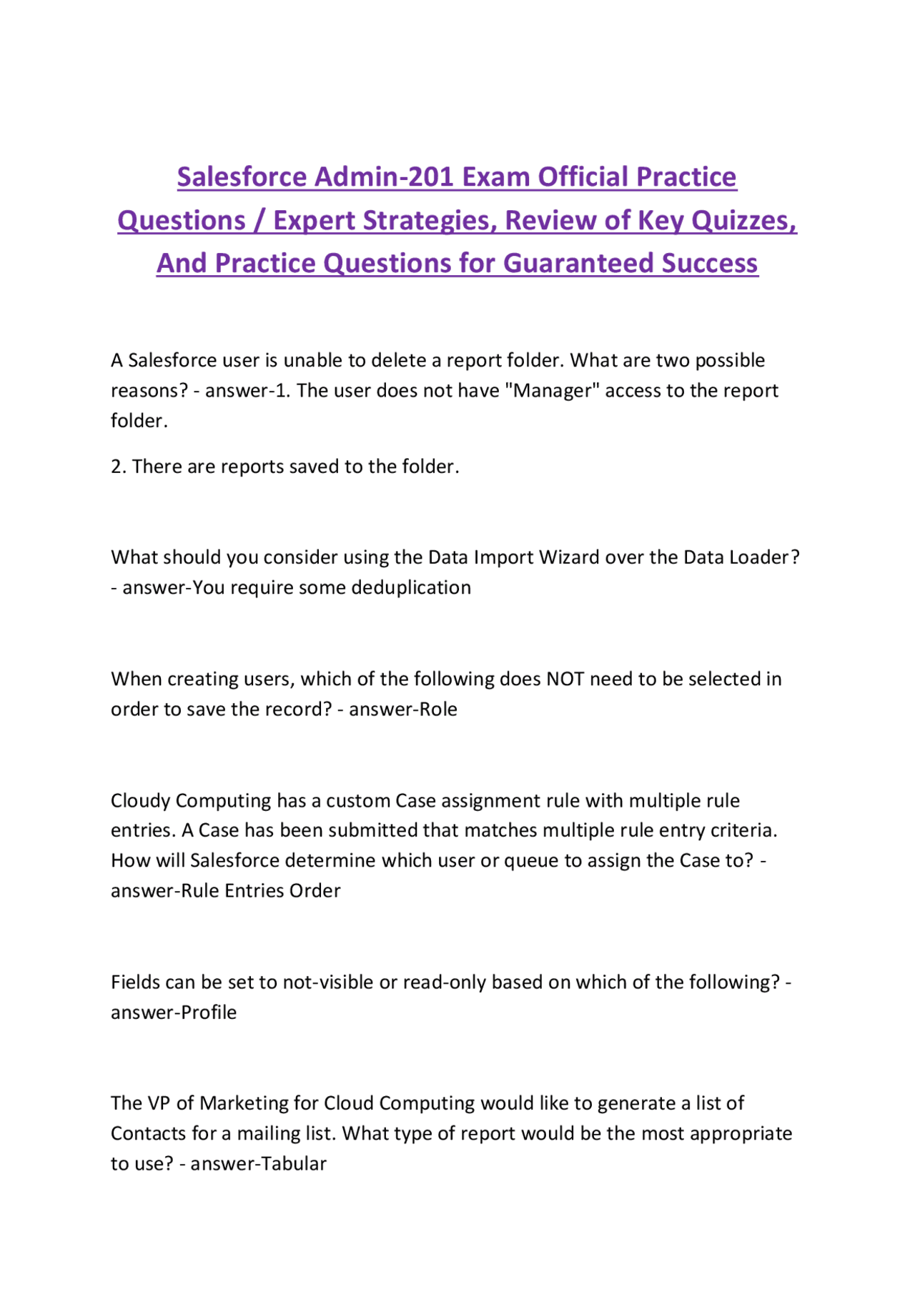 Salesforce Admin-201 Exam Official Practice Questions / Expert ...