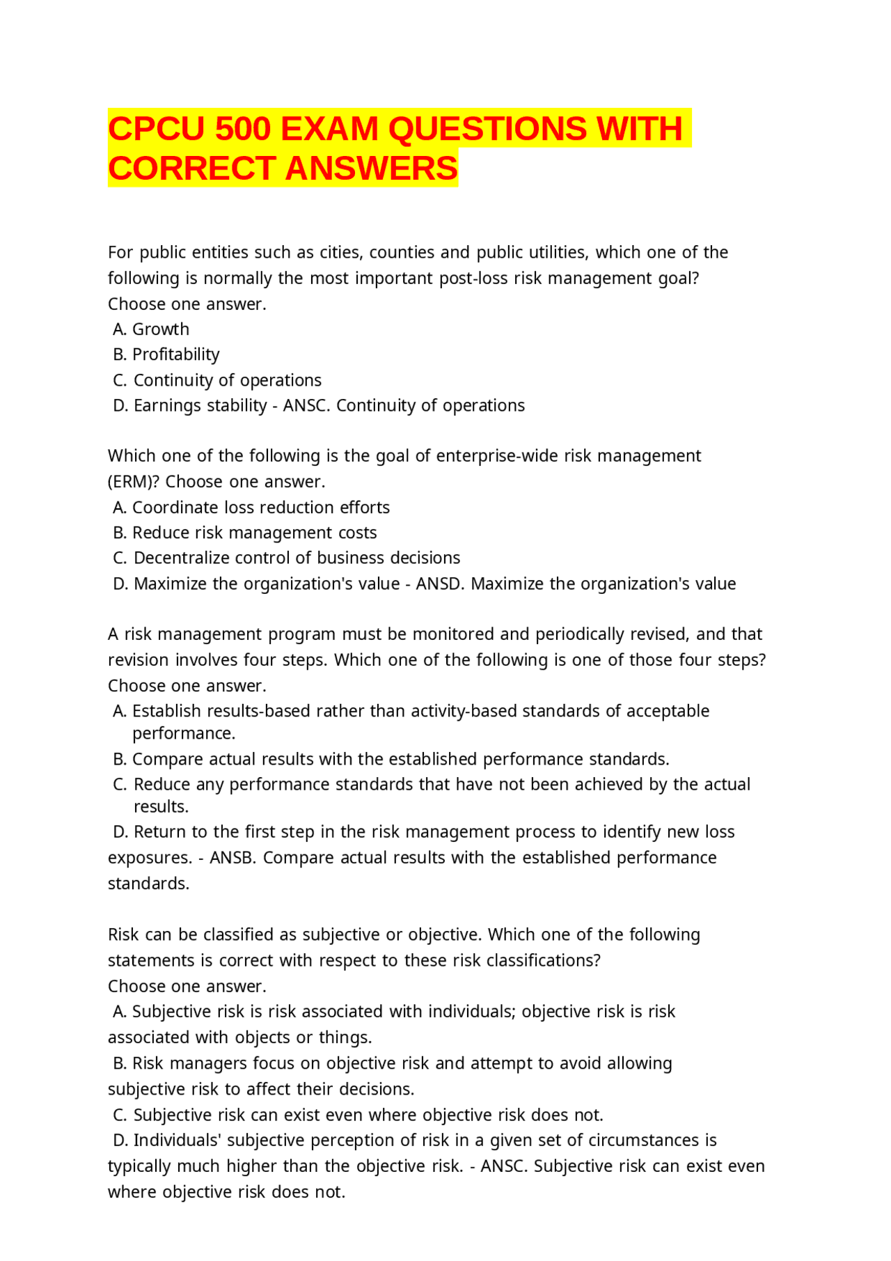 CPCU 500 EXAM QUESTIONS WITH CORRECT ANSWERS. | Exams Nursing | Docsity
