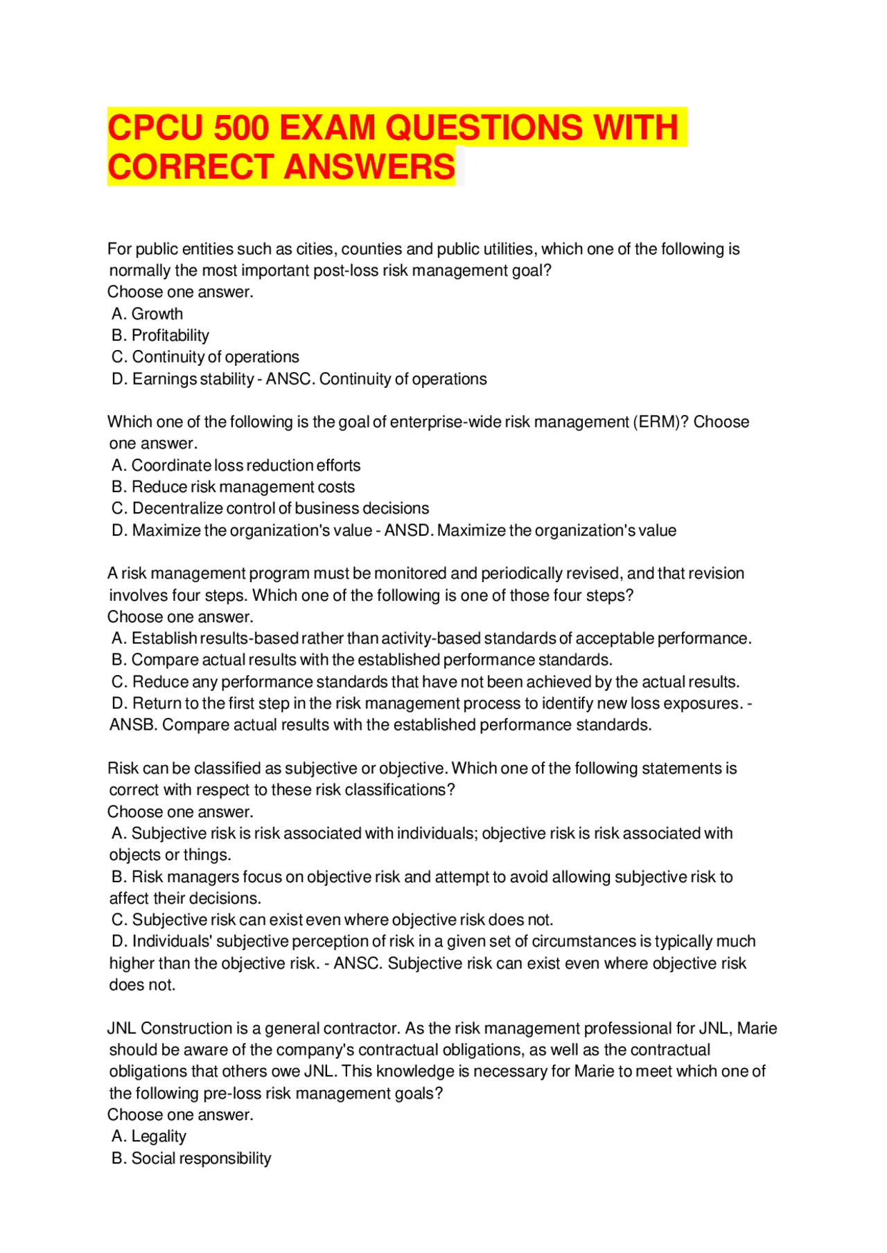 CPCU 500 EXAM QUESTIONS WITH CORRECT ANSWERS . | Exams Nursing | Docsity