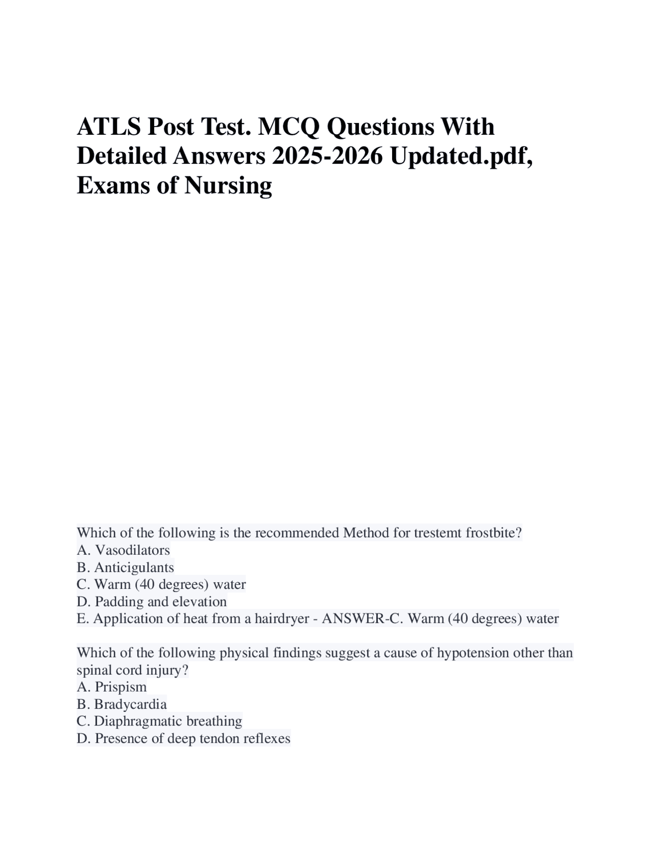 ATLS Post Test. MCQ Questions With Answers 20242024 Updated.pdf, Exams ...