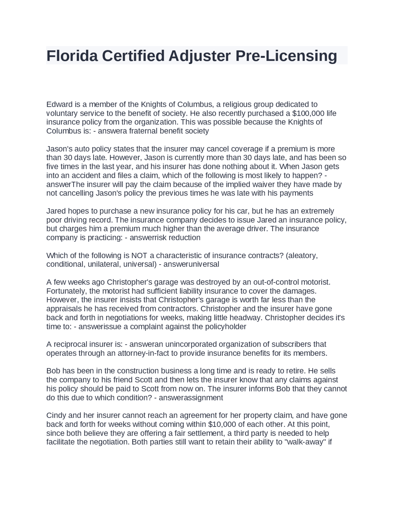 Florida Certified Adjuster Pre-Licensing Exam Questions and Answers ...