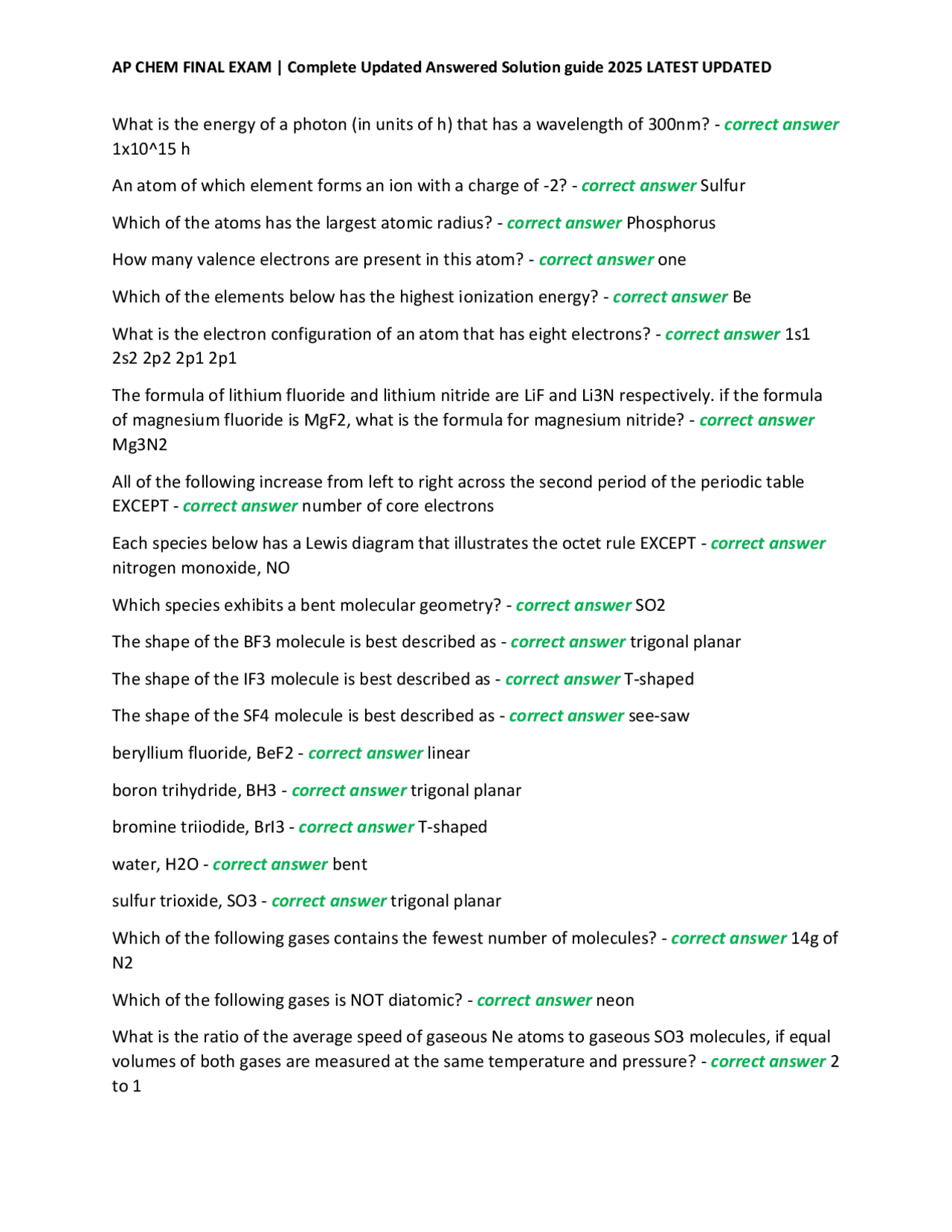 AP Chemistry Final Exam Questions and Answers: A Comprehensive Review | Exams Nursing | Docsity