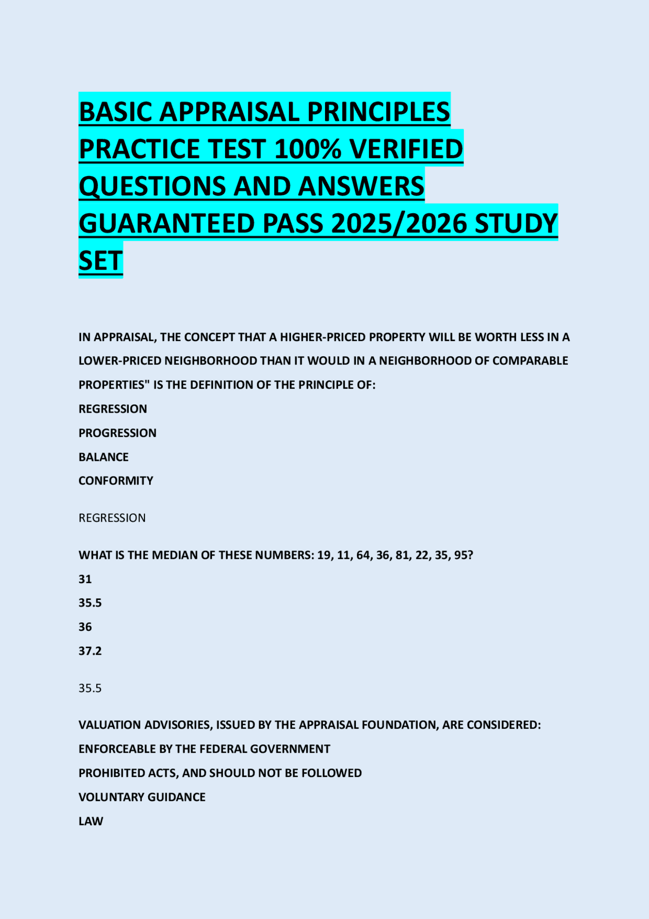 BASIC APPRAISAL PRINCIPLES PRACTICE TEST 100% VERIFIED QUESTIONS AND ...