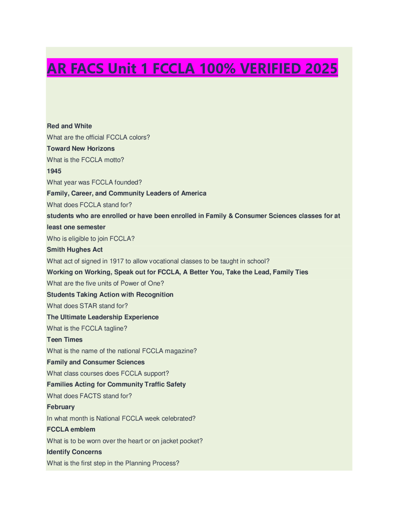 AR FACS Unit 1 FCCLA 100% VERIFIED 2025 | Exams Business Administration ...