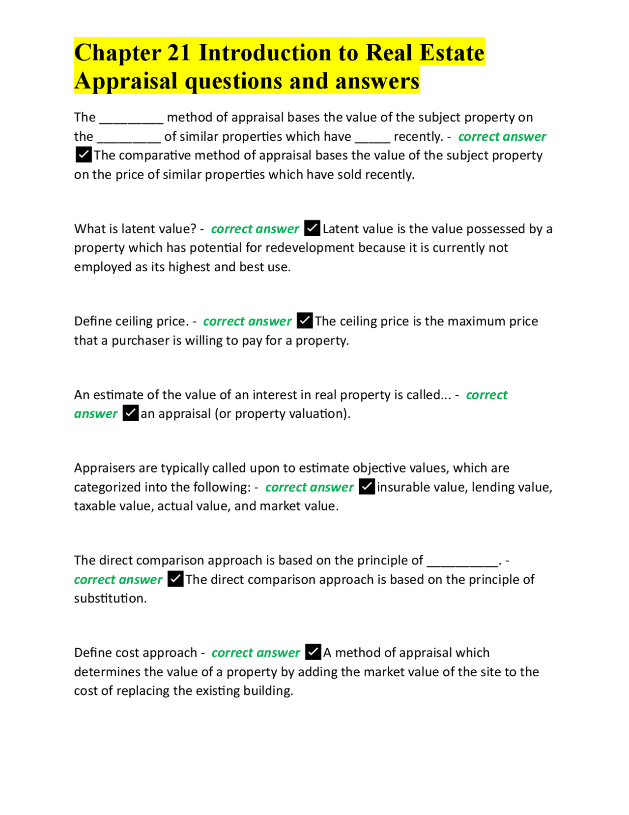 Chapter 21 Introduction to Real Estate Appraisal questions and answers ...