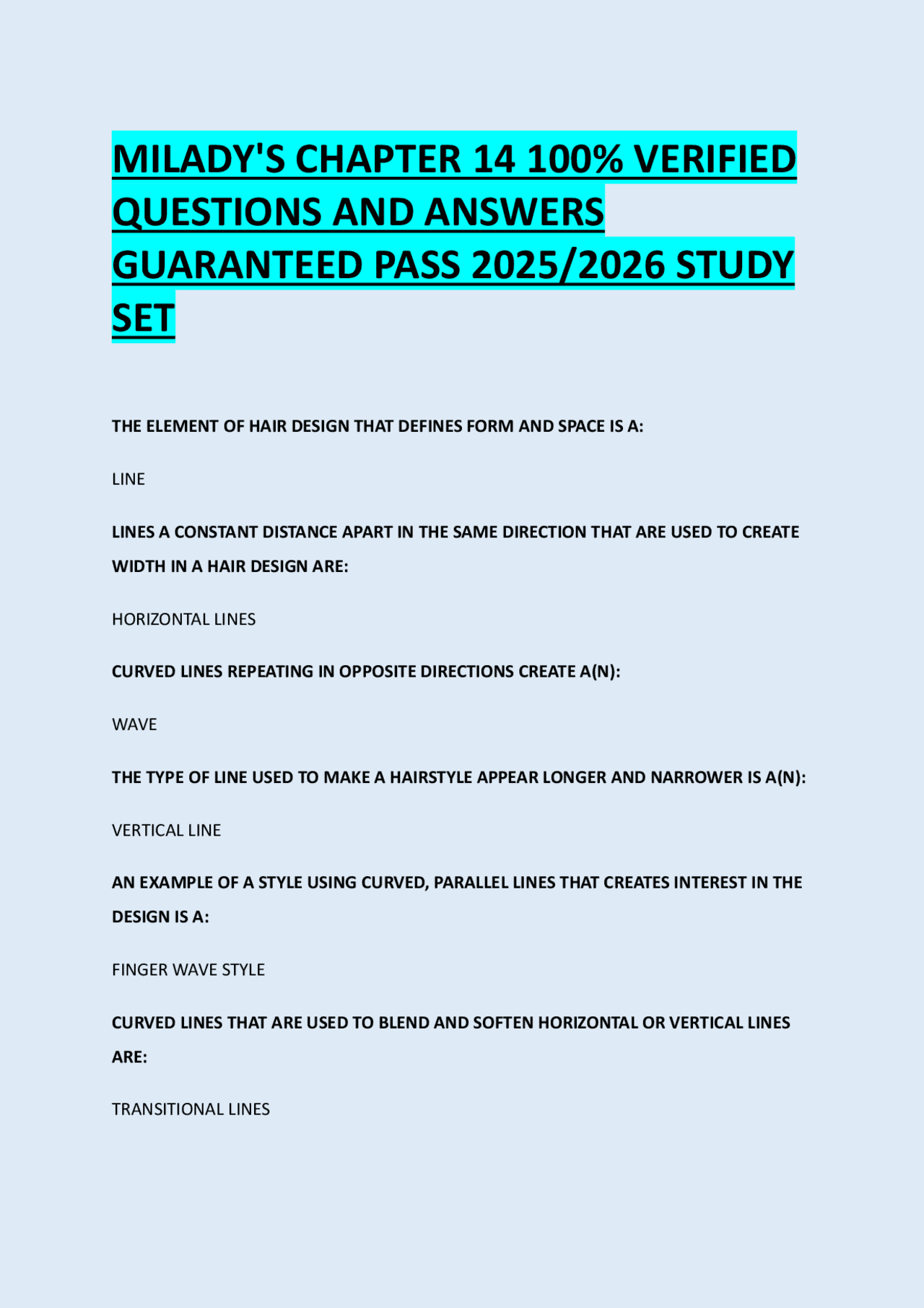 MILADY'S CHAPTER 14 100% VERIFIED QUESTIONS AND ANSWERS GUARANTEED PASS ...