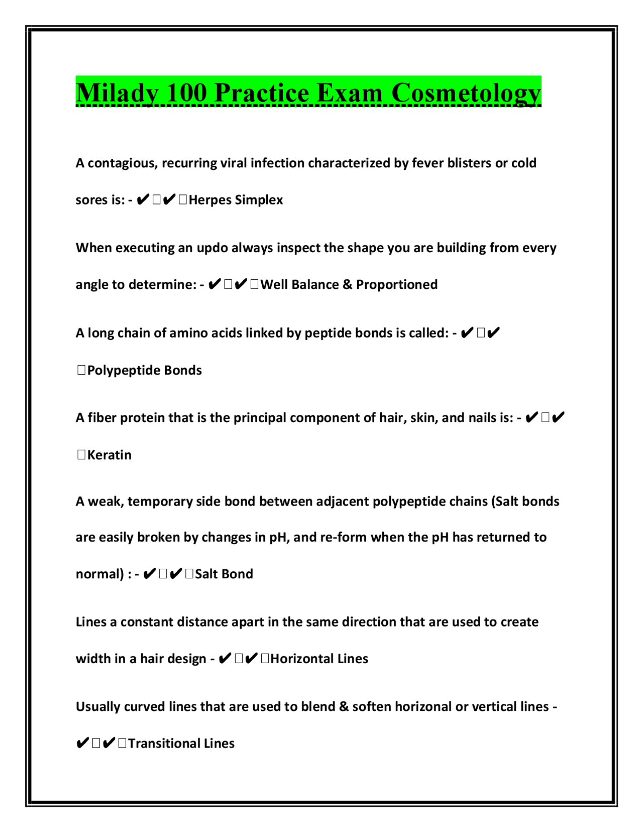 Milady 100 Practice Exam Cosmetology Questions, Answers & Winning ...