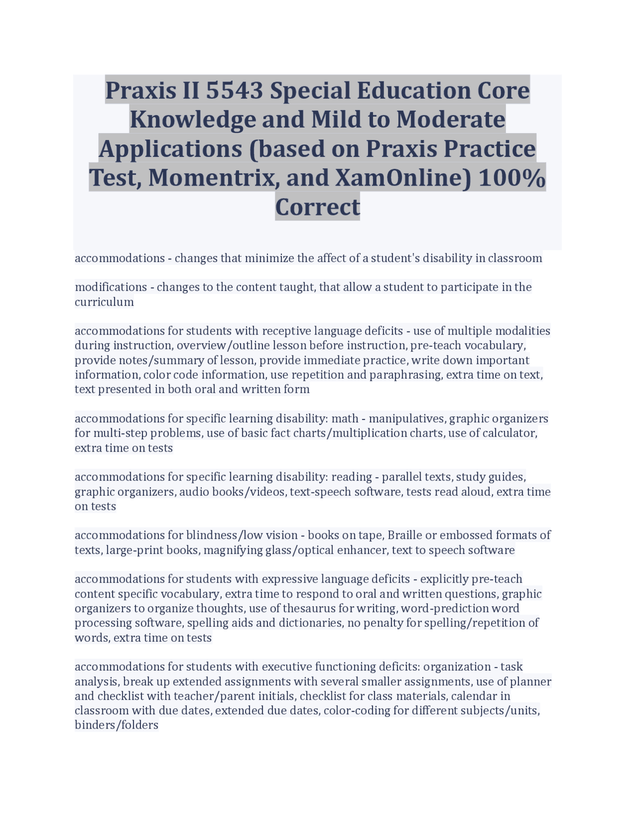Praxis II 5543 Special Education Core Knowledge and Mild to Moderate ...