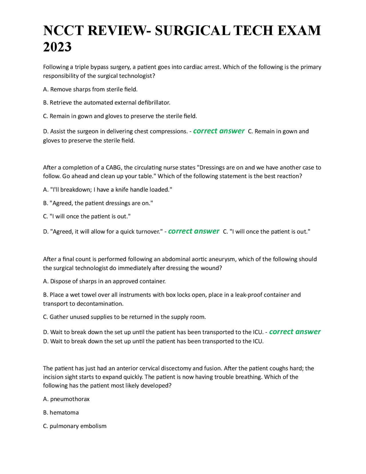NCCT Surgical Technology Exam Review: Questions and Answers | Exams ...