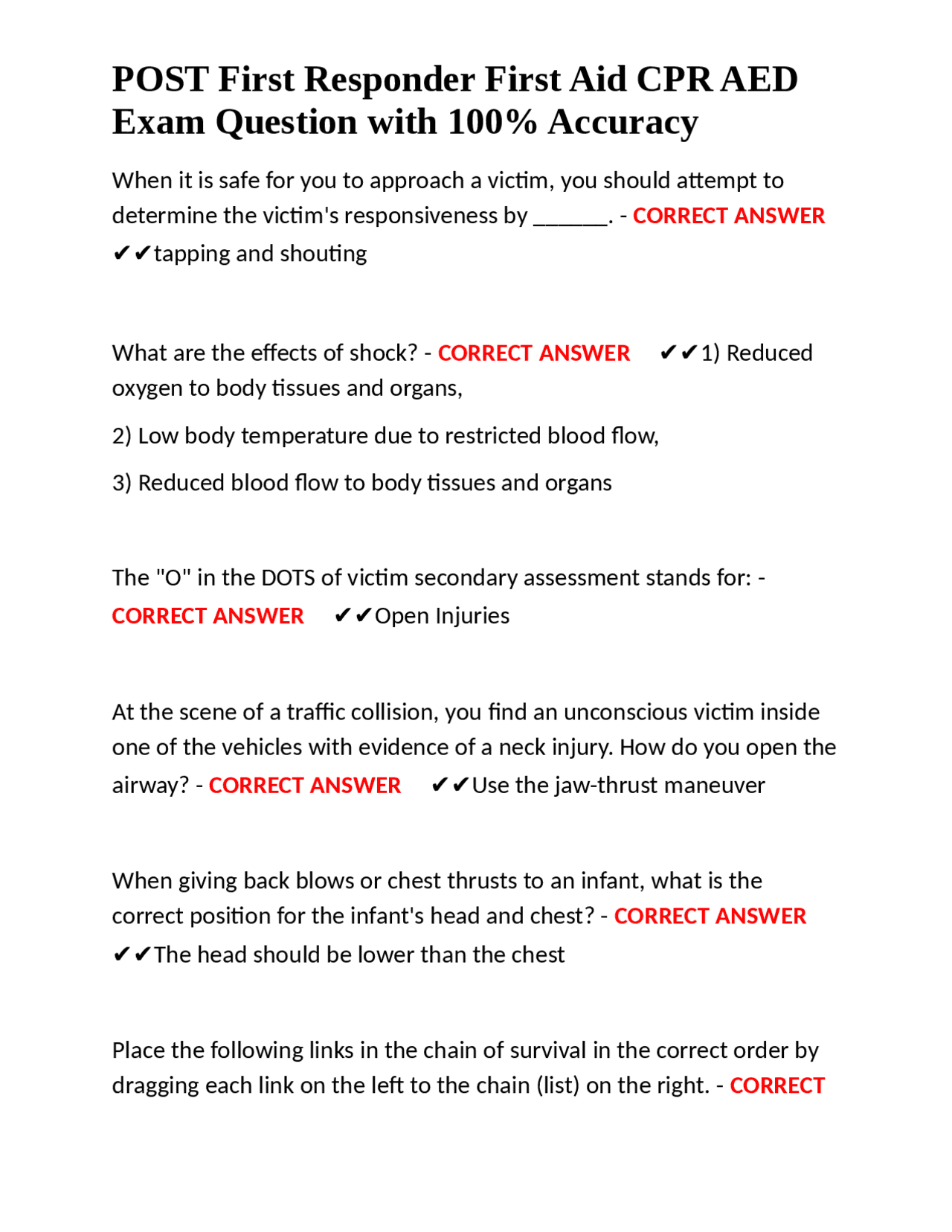 POST First Responder First Aid CPR AED Exam Question with 100% Accuracy ...