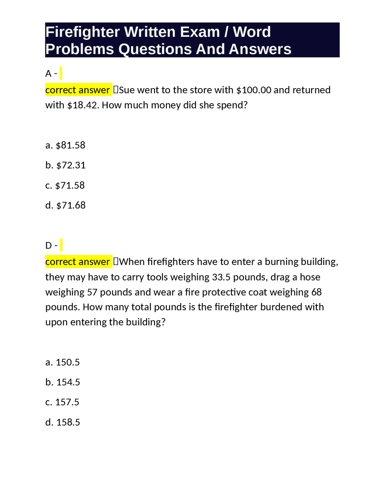 Firefighter Written Exam / Word Problems Questions And Answers | Exams ...