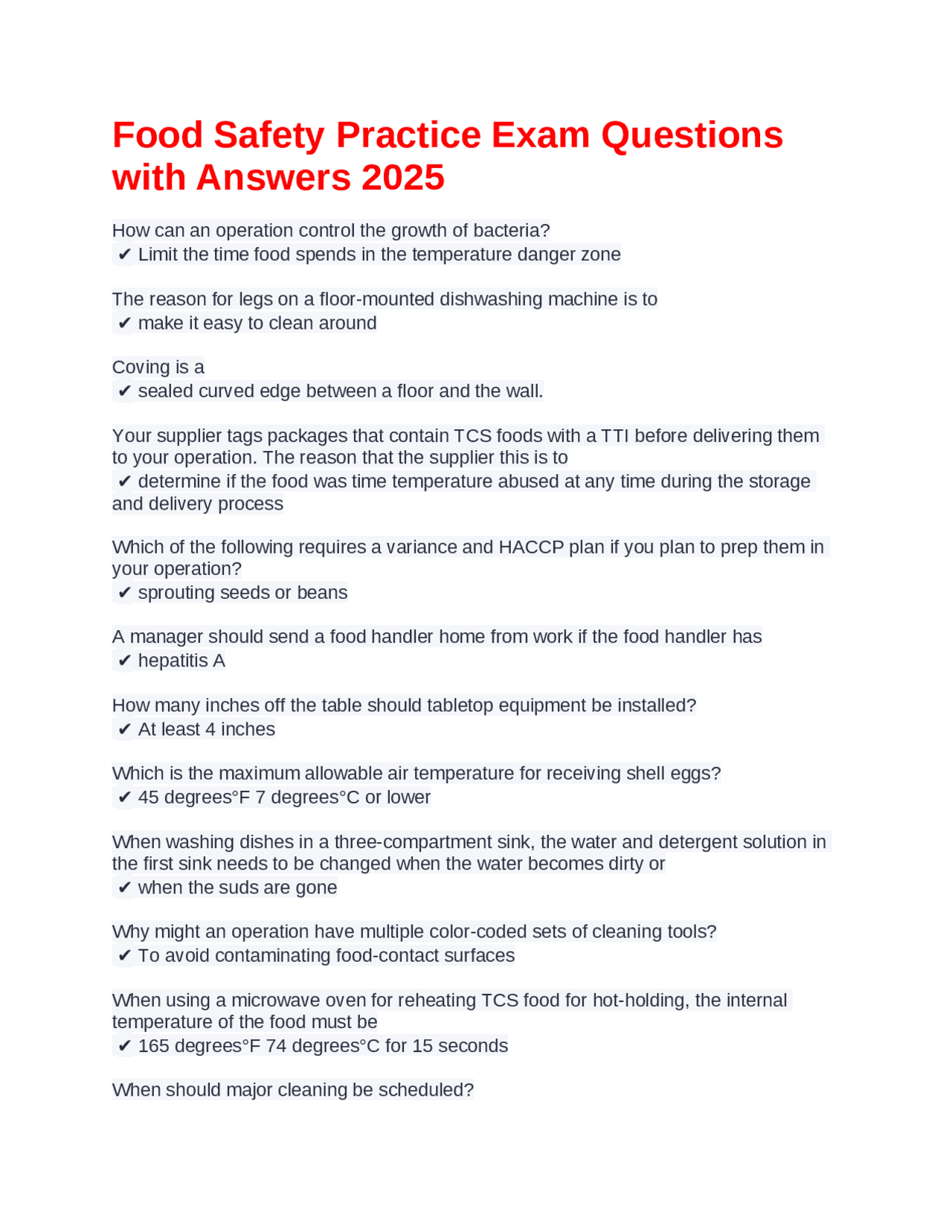 Food Safety Practice Exam Questions with Answers 2025 | Exams Nutrition ...