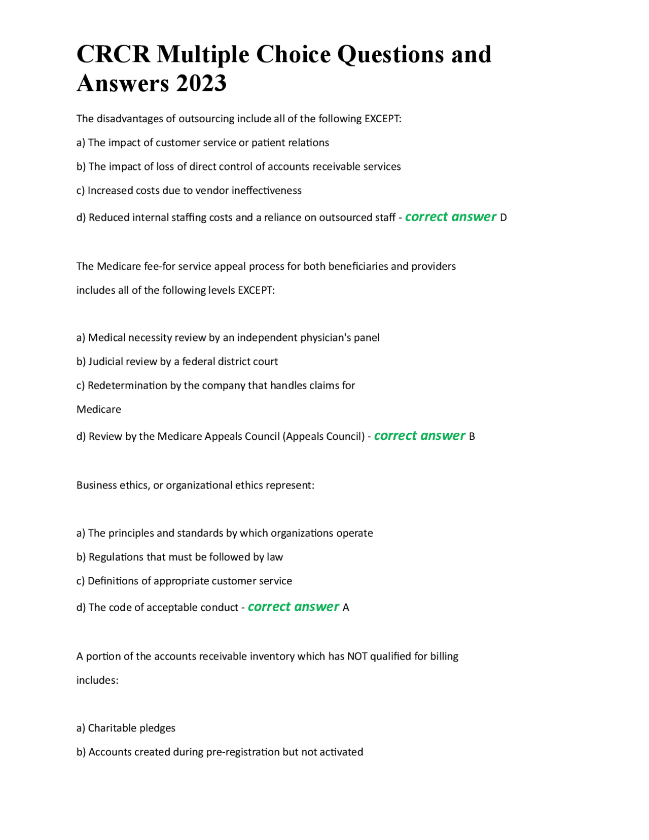 CRCR Multiple Choice Questions and Answers 2023: Healthcare Finance and Compliance | Exams ...