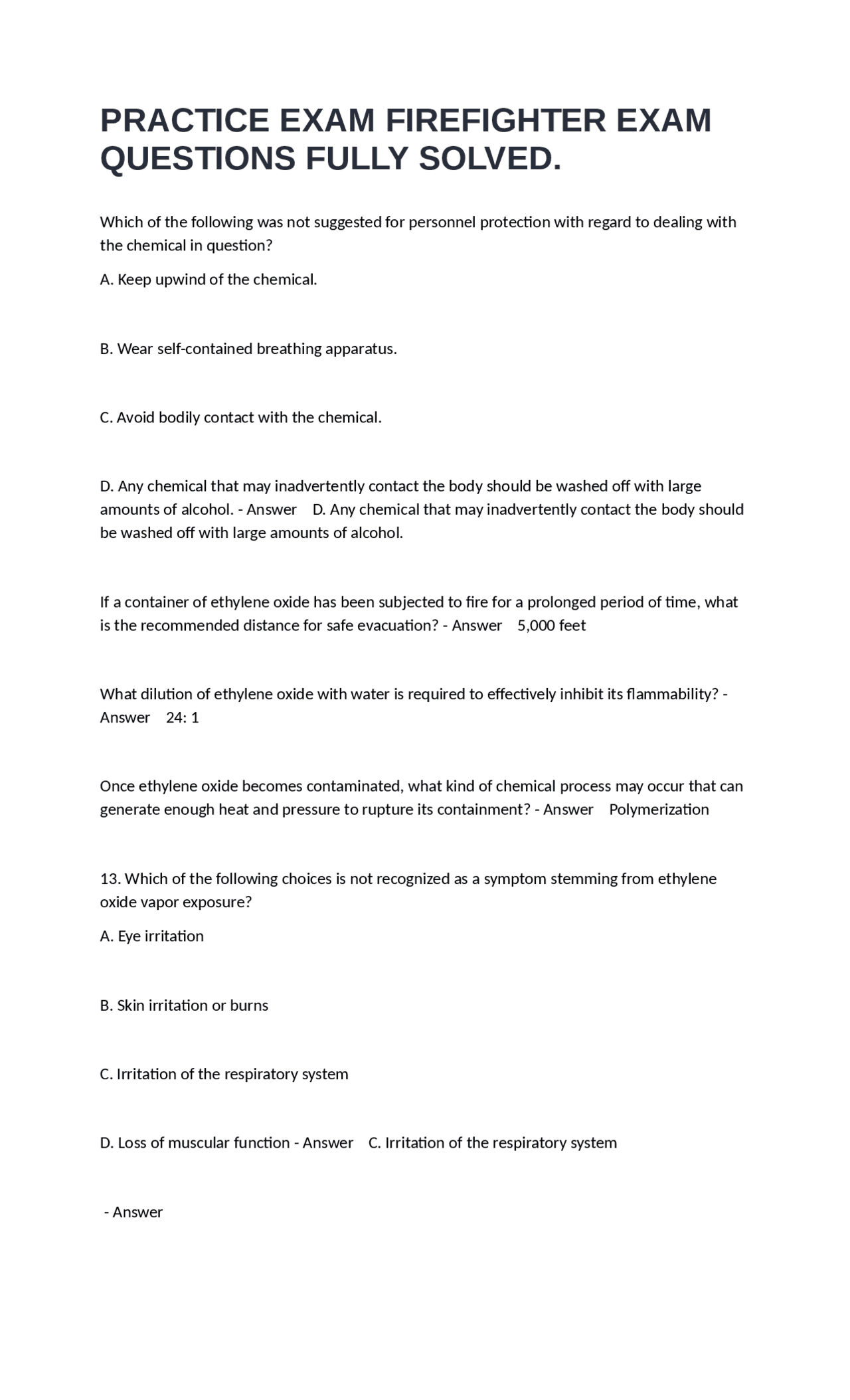 PRACTICE EXAM FIREFIGHTER EXAM QUESTIONS FULLY SOLVED. | Exams Safety ...