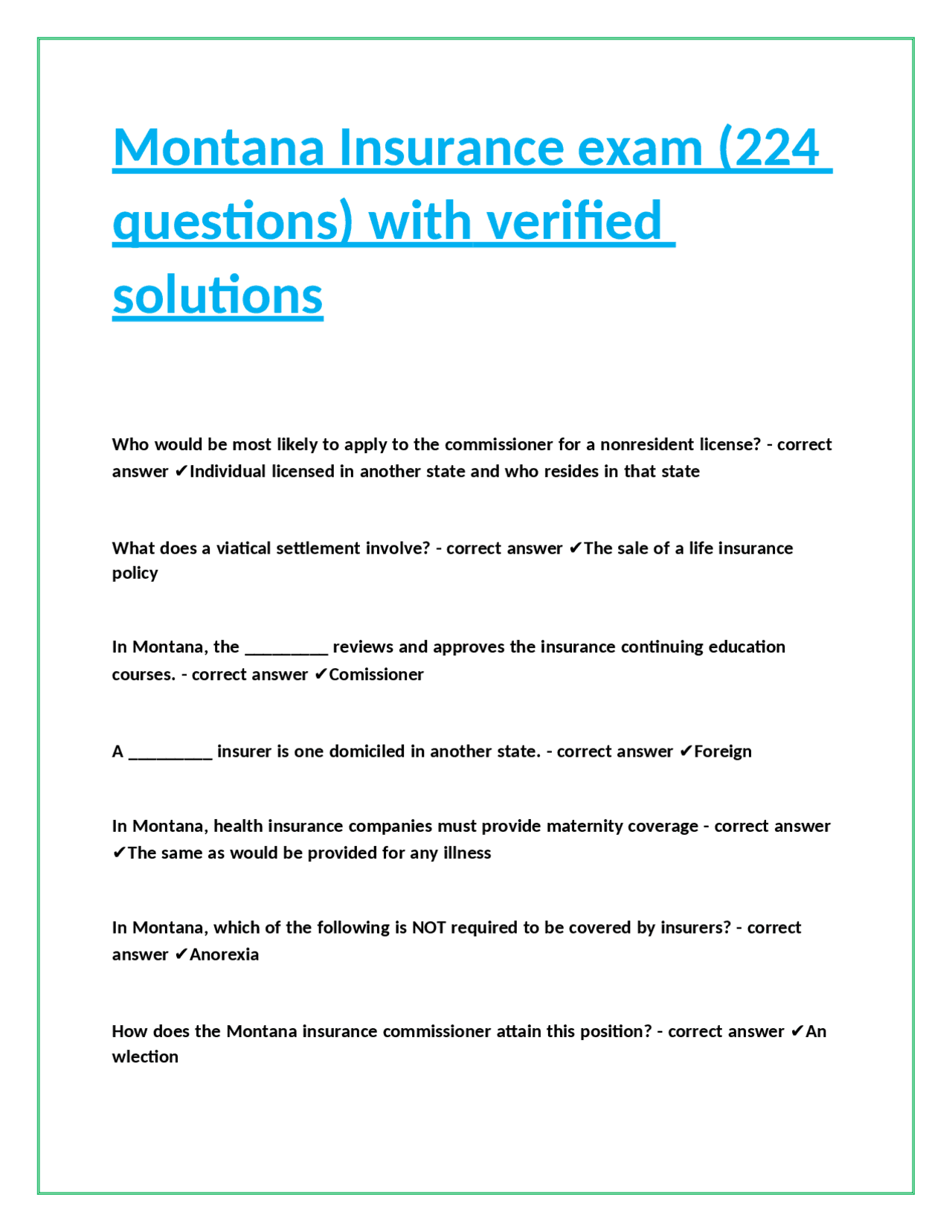 Montana Insurance exam (224 questions) with verified solutions | Exams ...